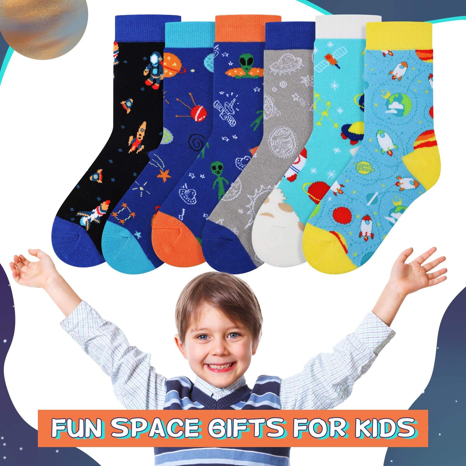 Eurzom 6 Pairs Novelty Socks for Boys Cotton Crew Socks Space Theme Boy Socks Holiday Gift