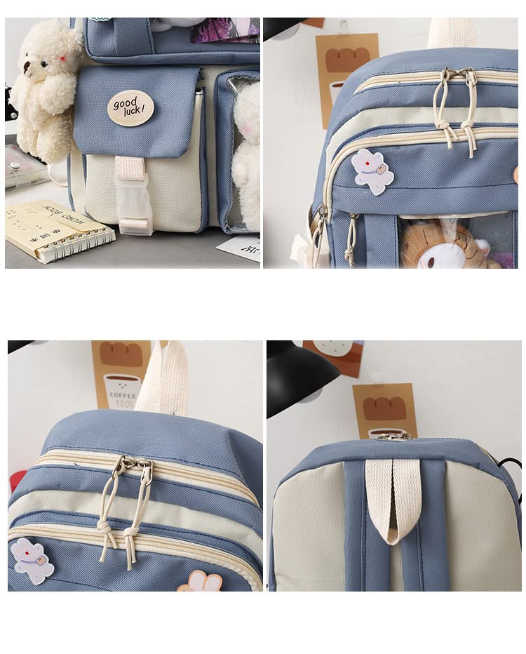 MWZING kawaii Backpack 5 Piece Backpack Set with handbag Pencil Box Small Cell Phone Purse Receive Bag with Pendant Pins Blue