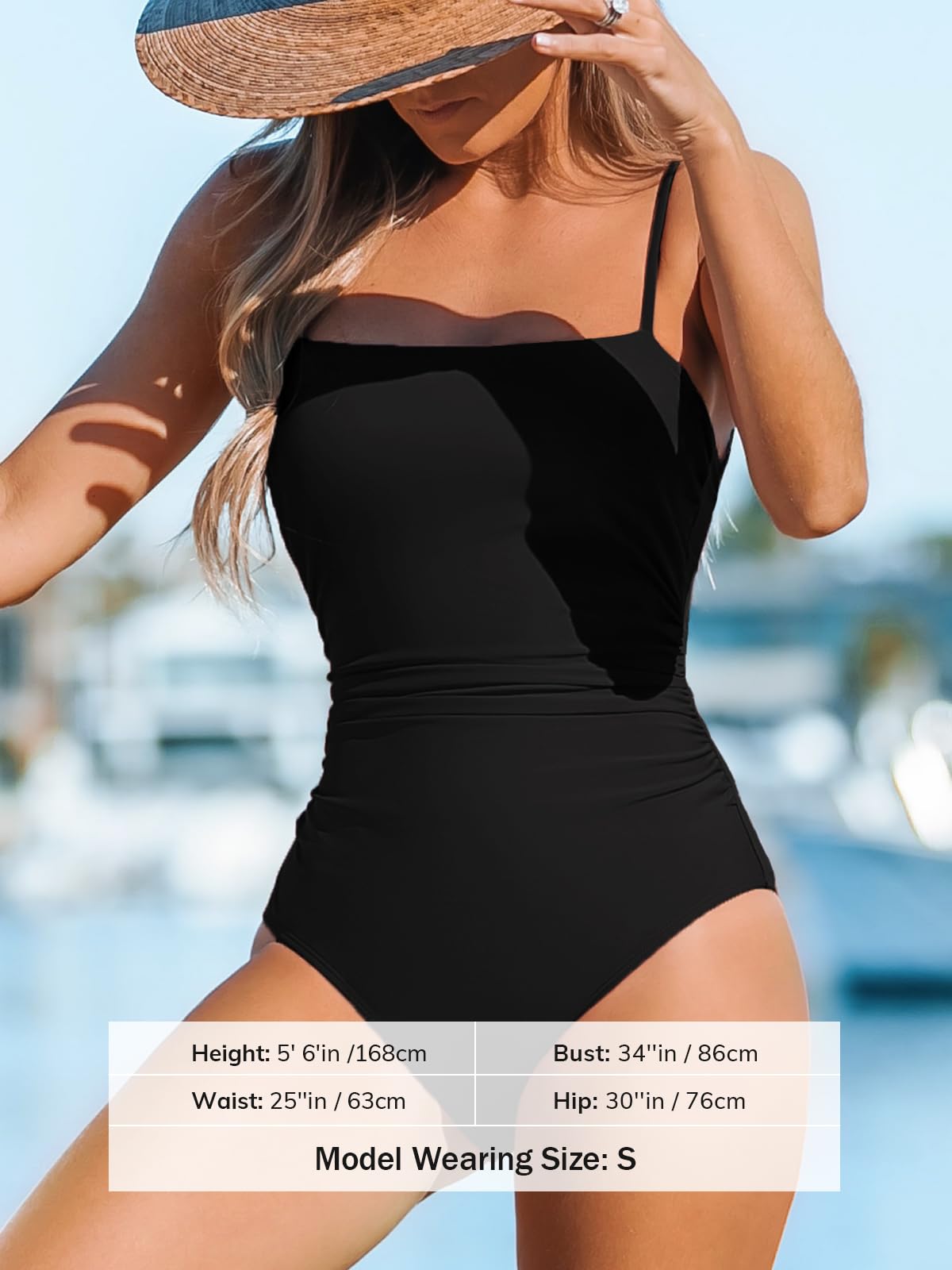 CUPSHE Women's One Piece Swimsuit Square Neck Cutout Back Tummy Control Adjustable Straps Striped Swimwear, L Black
