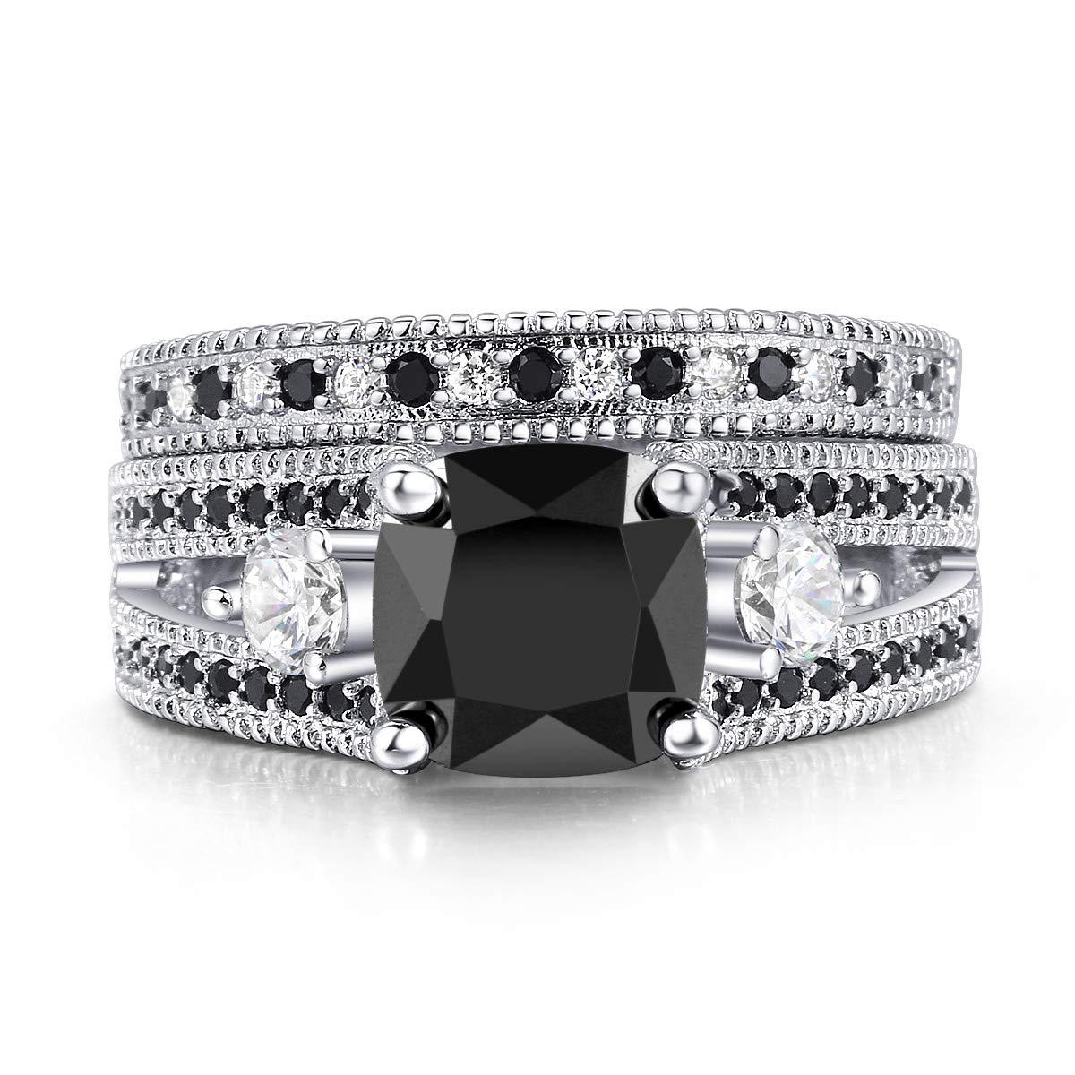 Double Fair White or Black Gold Plated Cushion Cut Black CZ Stone Engagement Promise Anniversary Ring Sets For Women (Silver, 8)