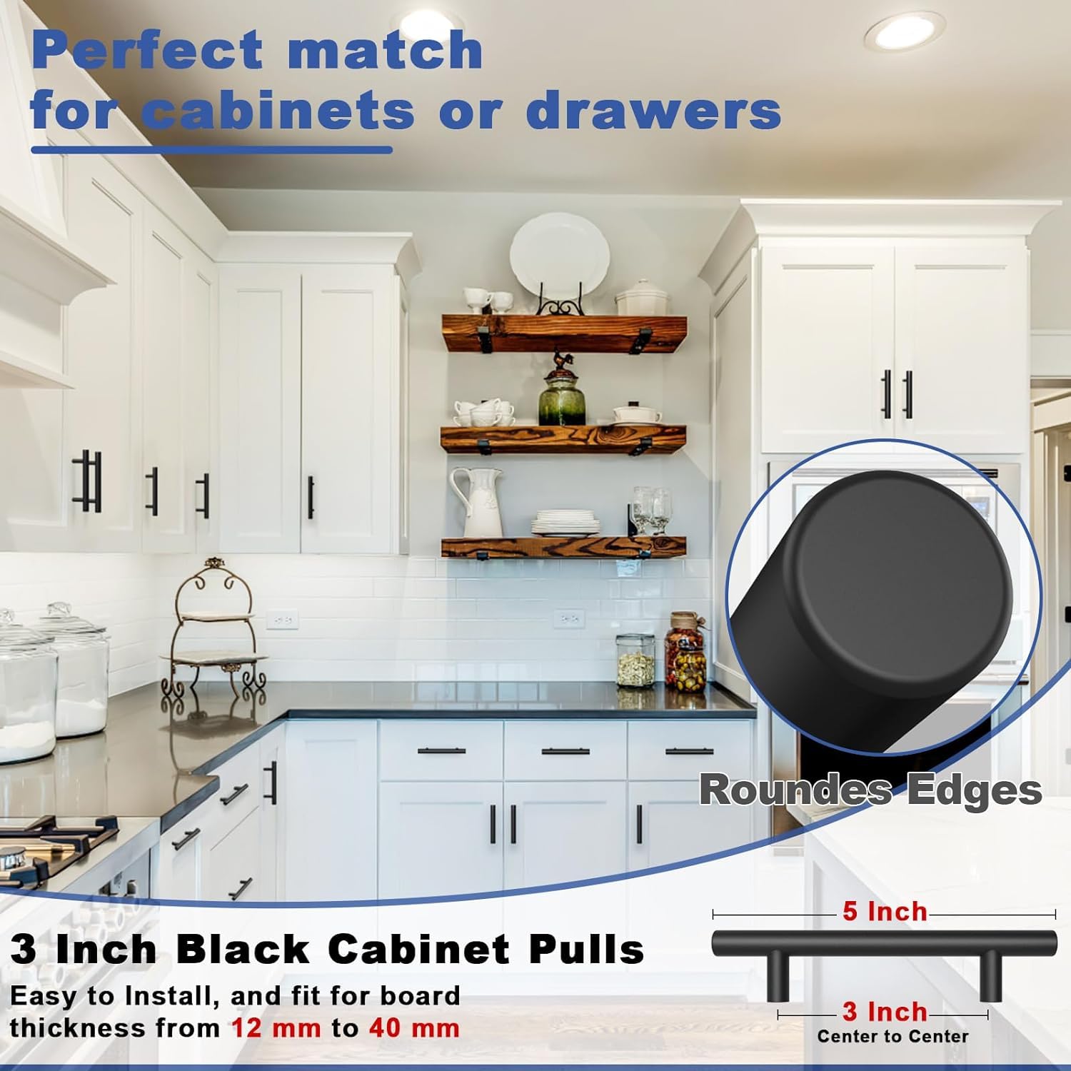 Estmoon 30 Pack 3 Inch Cabinet Handles Matte Black Cabinet Pulls Stainless Steel Black Kitchen Handles for Cabinets and Drawers, 76mm Hole Centers