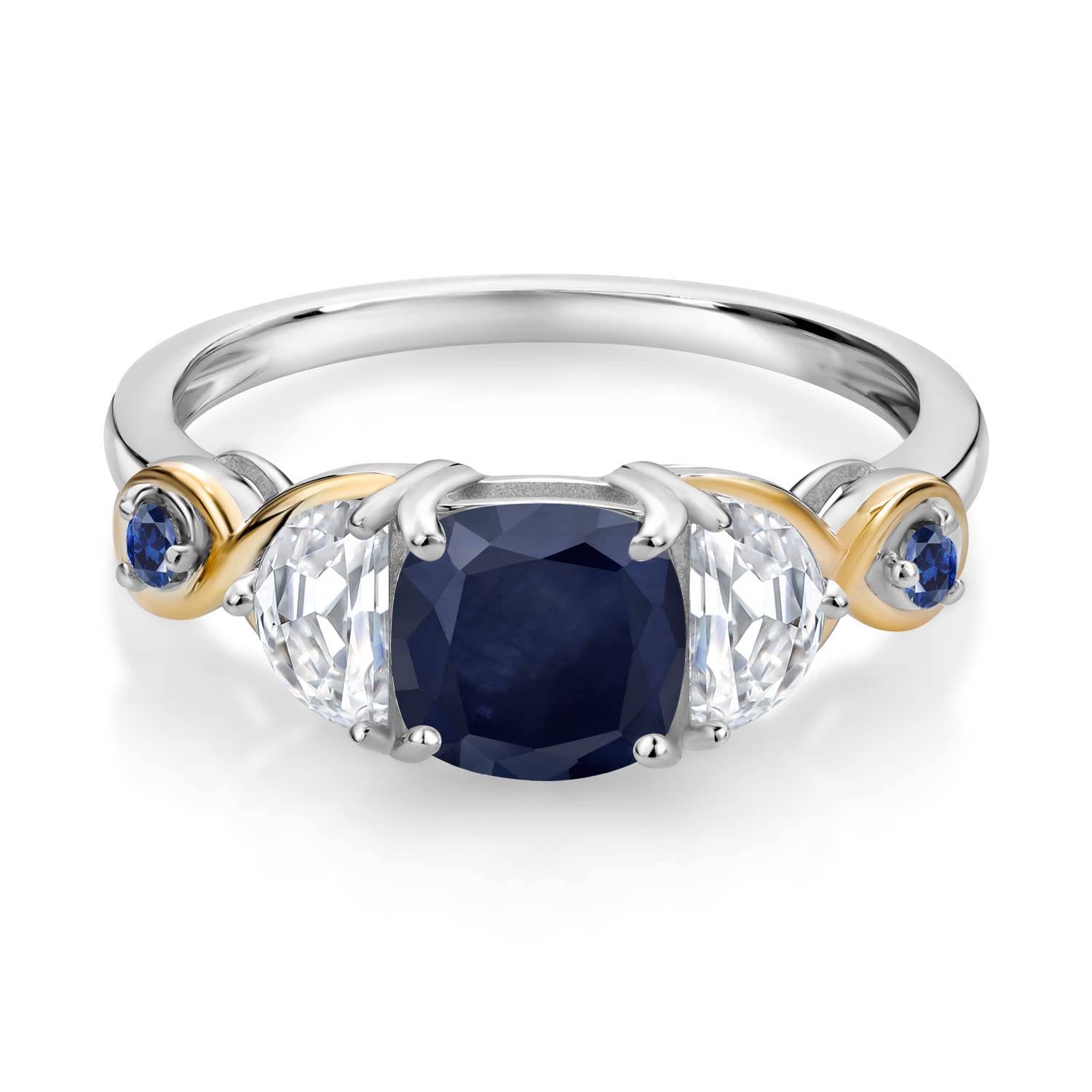 Gem Stone King 925 Silver and 10K Yellow Gold Cushion Sapphire Half Moon Moissanite 3-Stone Engagement Ring For Women (1.96 Cttw, Available In Size 5, 6, 7, 8, 9)