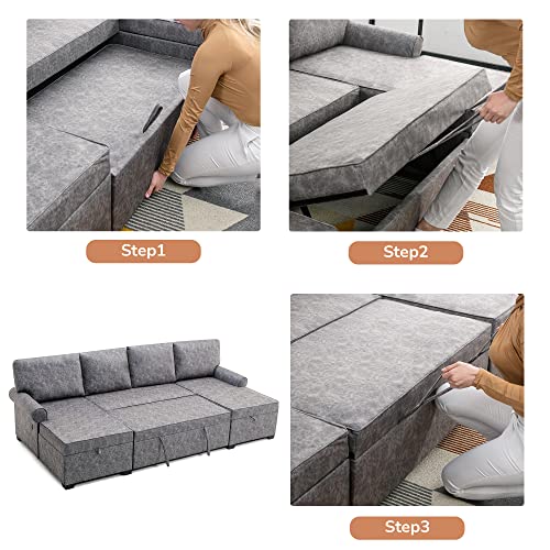 MOEO 108.75" U-Shaped Living Room Sectional Sofa with 2 Chaise Lounges, Large Reversible 6-Seater Couch w/Two USB Port Plug, Storage, Pull Out Bed, Upholstered Nail Head Trim, Grey