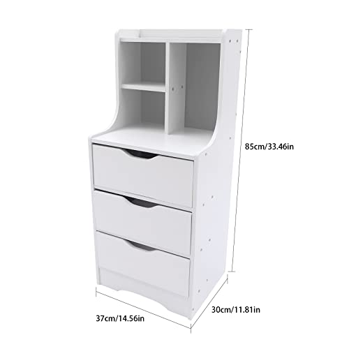 Modern Nightstand High Bedside Table, Multifunctional Bedside Cabinet White Bedroom Storage Side Table with Open Shelf for Indoor Room Storage (3 Drawers) (3 Drawers)