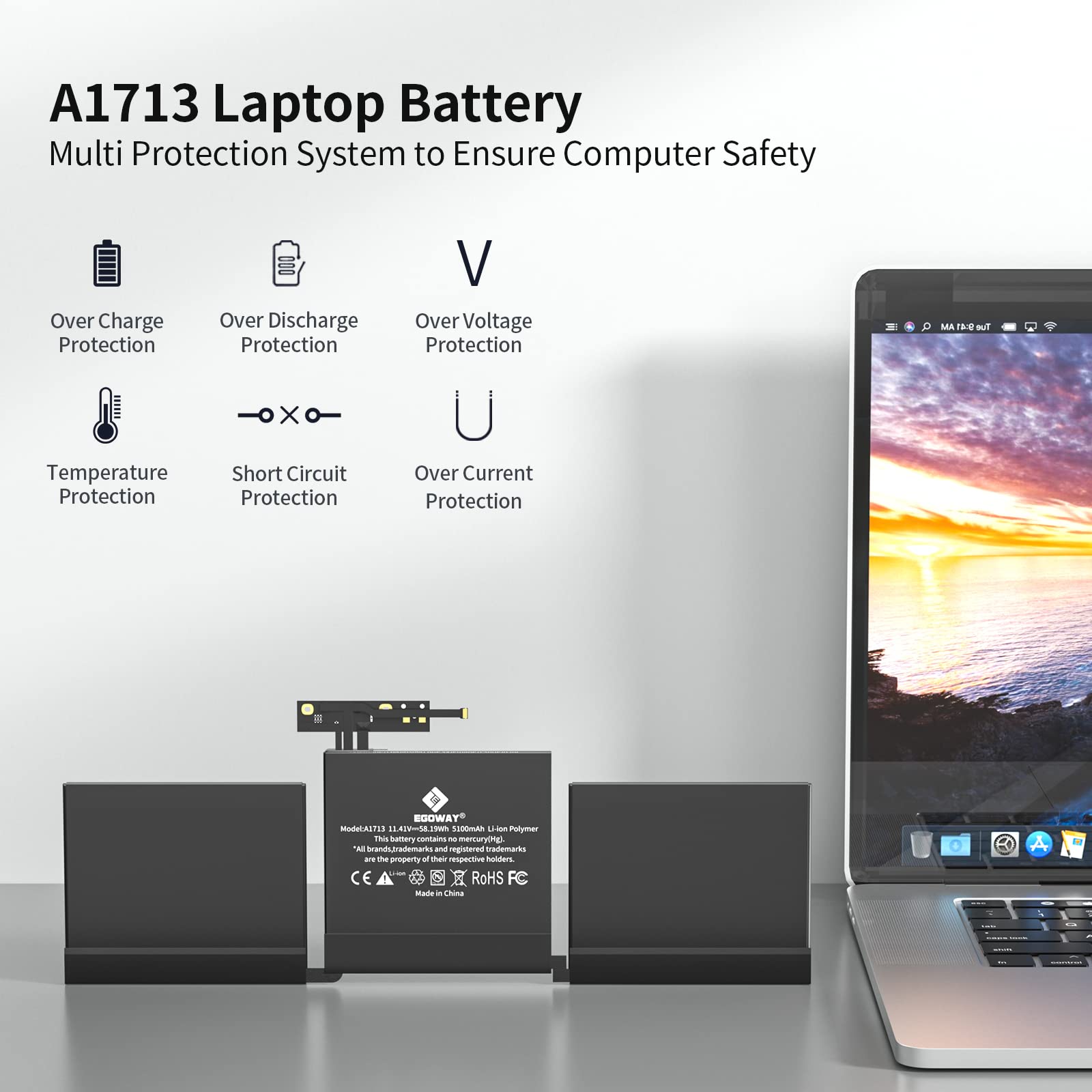 Egoway A1708 A2159 A2289 A2338 Replacement Battery, Compatible with MacBook Pro 13 Inch (Late 2016, Mid 2017, Mid 2019, 2020), A1713 A2171 EMC 3301 3164 2978