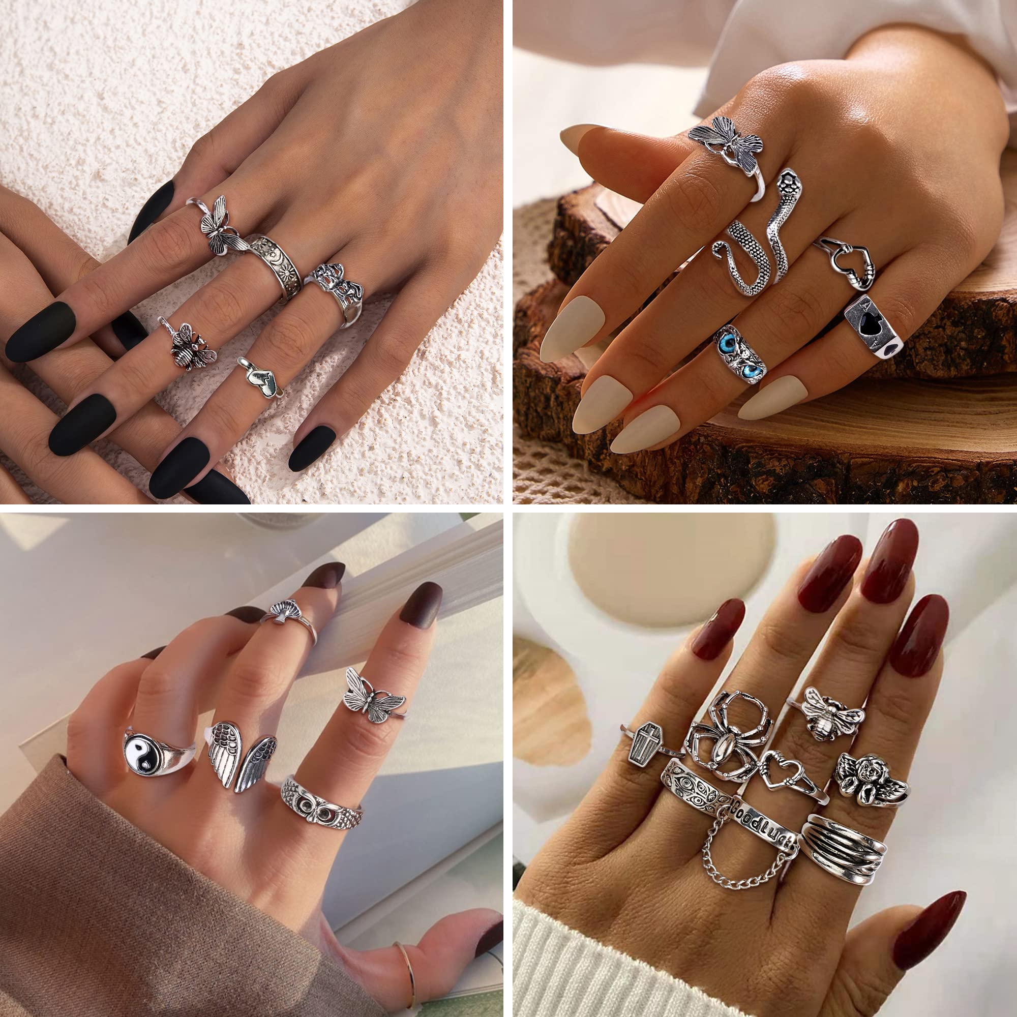 Dochais Vintage Gothic Rings, 30 Pcs Silver Punk Rings Set, Adjustable Grunge Knuckle Rings for Women Men, Statement Stacking Chunky Rings Skull Snake Butterfly Flower Y2K Rings
