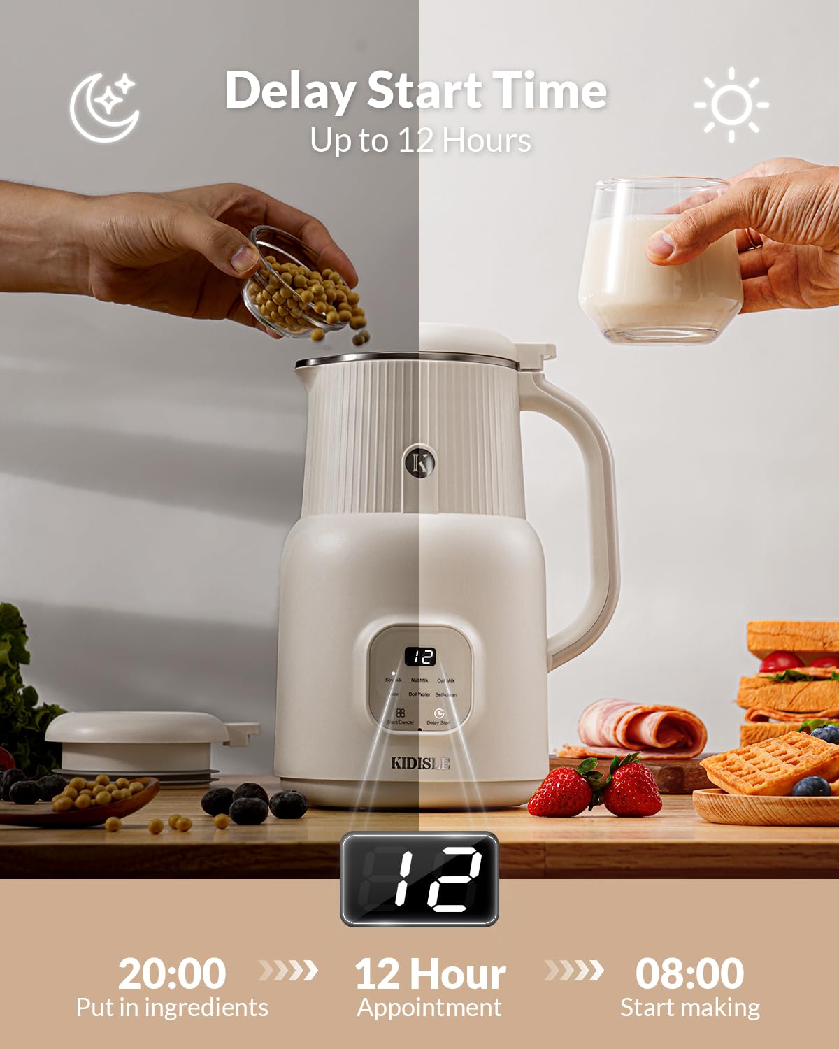 KIDISLE Automatic Nut Milk Maker, 20oz Homemade Almond, Oat, Coconut, Soy, Plant Based Milks and Non-Dairy Beverages with Delay Start/Keep Warm/Self-Cleaning/Boil Water, White
