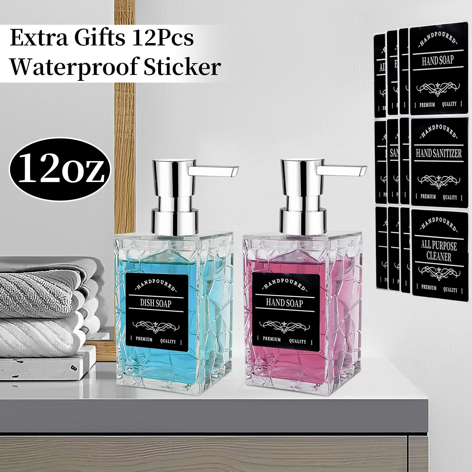 Dexspoeny 3 Pack Clear Bathroom Countertop Soap Dispenser,Refillable Soap Dispenser for Kitchen and Bathroom, Bathroom Soap Dispenser Set includes 12 Stickers and Transparent Funnel Tool