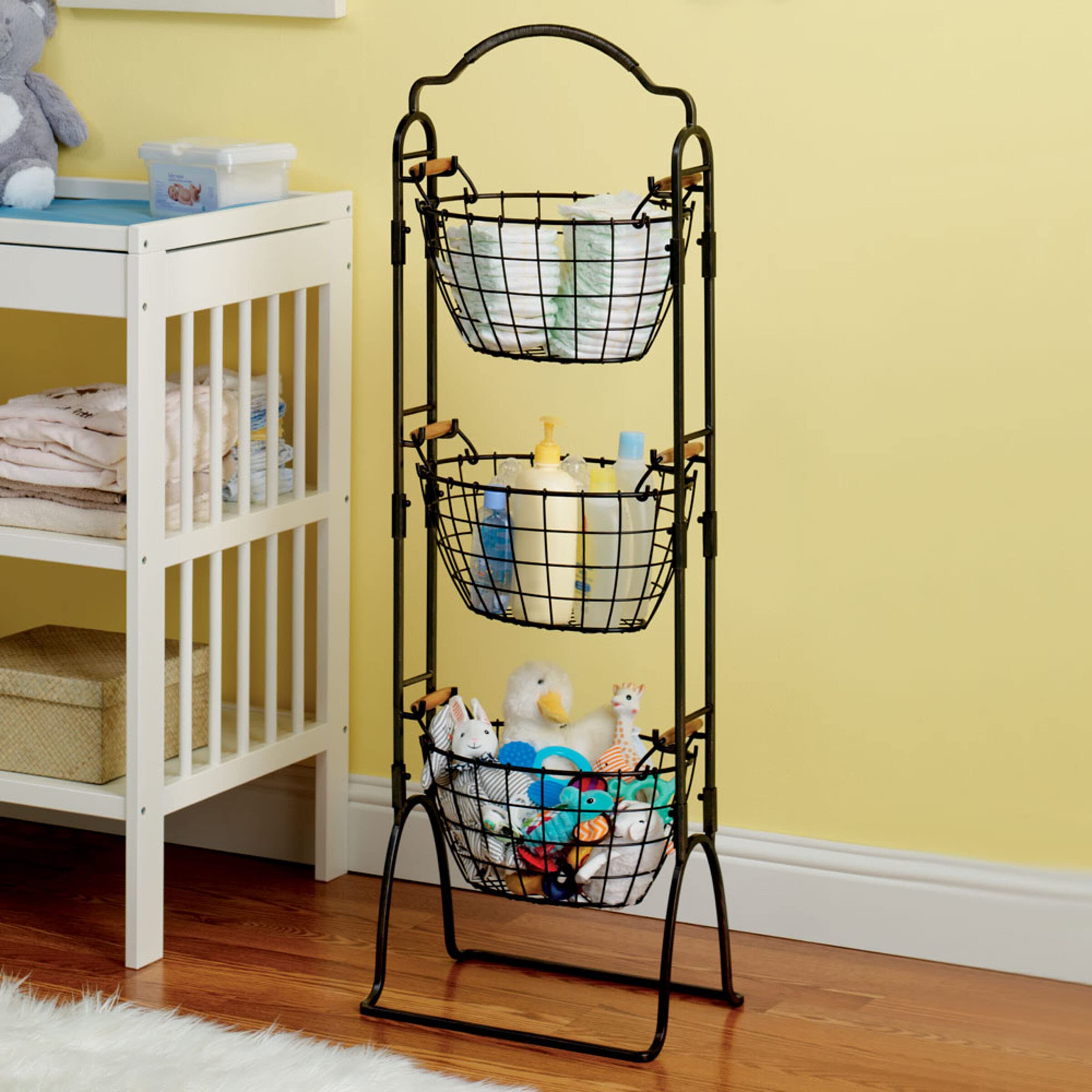 Gourmet Basics by Mikasa 5184916 Harbor Adjustable 3-Tier Metal Floor Standing Fruit/Home Storage Basket, Antique Black