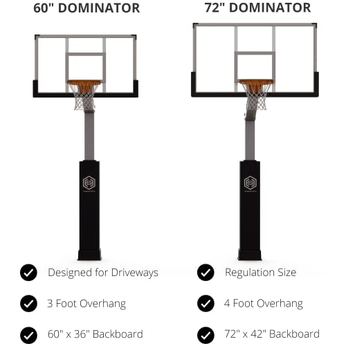 Dominator Premium Inground Adjustable Basketball Hoop - 72" Backboard w/ 4' Overhang - NBA/NCAA Regulation Adjustable Basketball Goal - Adjusts from 7' - 10', Made of Heavy Duty Rust Proof Aluminum