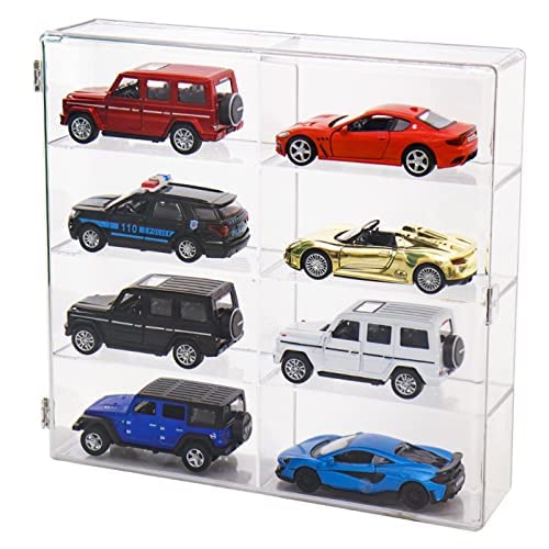 FURENMA 1/64 Scale Toy Cars Acrylic Display Case 1PC Crystal Display Shelf Showcase Cabinet Display Box for Mini Toy Car&Figures,8 Compartments Clear Storage Box,7.7" W x 1.8" D x 6.8" H