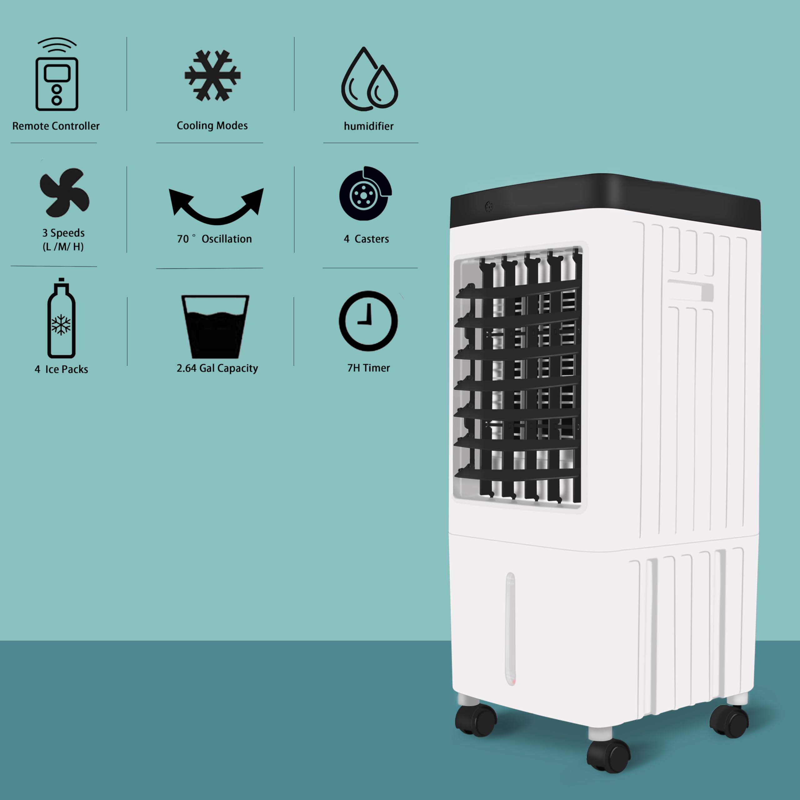 Evaporative Air Cooler,3-IN-1 Portable Air Conditioners Remote Control, 70° Oscillation Energy Efficient Air Cooler for Room Bedroom Home Indoor