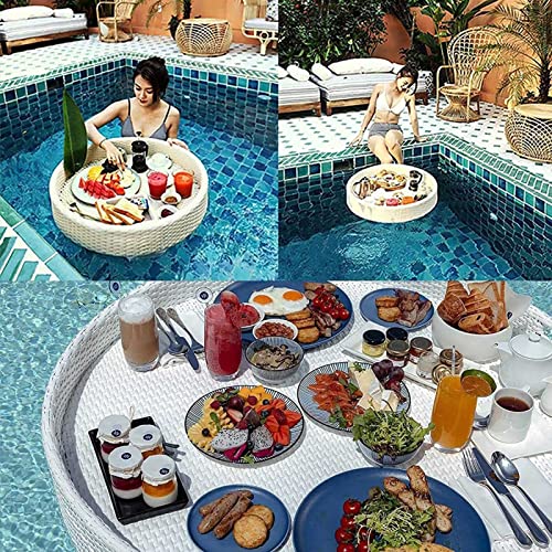 ENPAP Rattan Woven Serving Tray Floating Breakfast Table Serving Buffet Round Tray Drink Holders for Swimming Pool Beach Party Refreshment Durable Foam UV Resistant (Color : Brown, Size : 80cm)