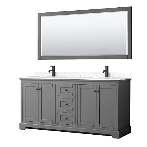 Wyndham Collection Avery 72 Inch Double Bathroom Vanity in Dark Gray, Light-Vein Carrara Cultured Marble Countertop, Undermount Square Sinks, Matte Black Trim, 70 Inch Mirror