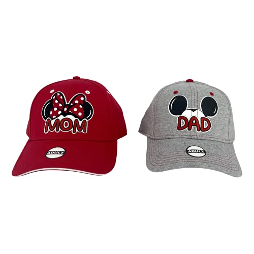 Disney Set Mickey & Minnie Hats Baseball Cap Men's Women's 2 Pack (Red MOM & Grey DAD)