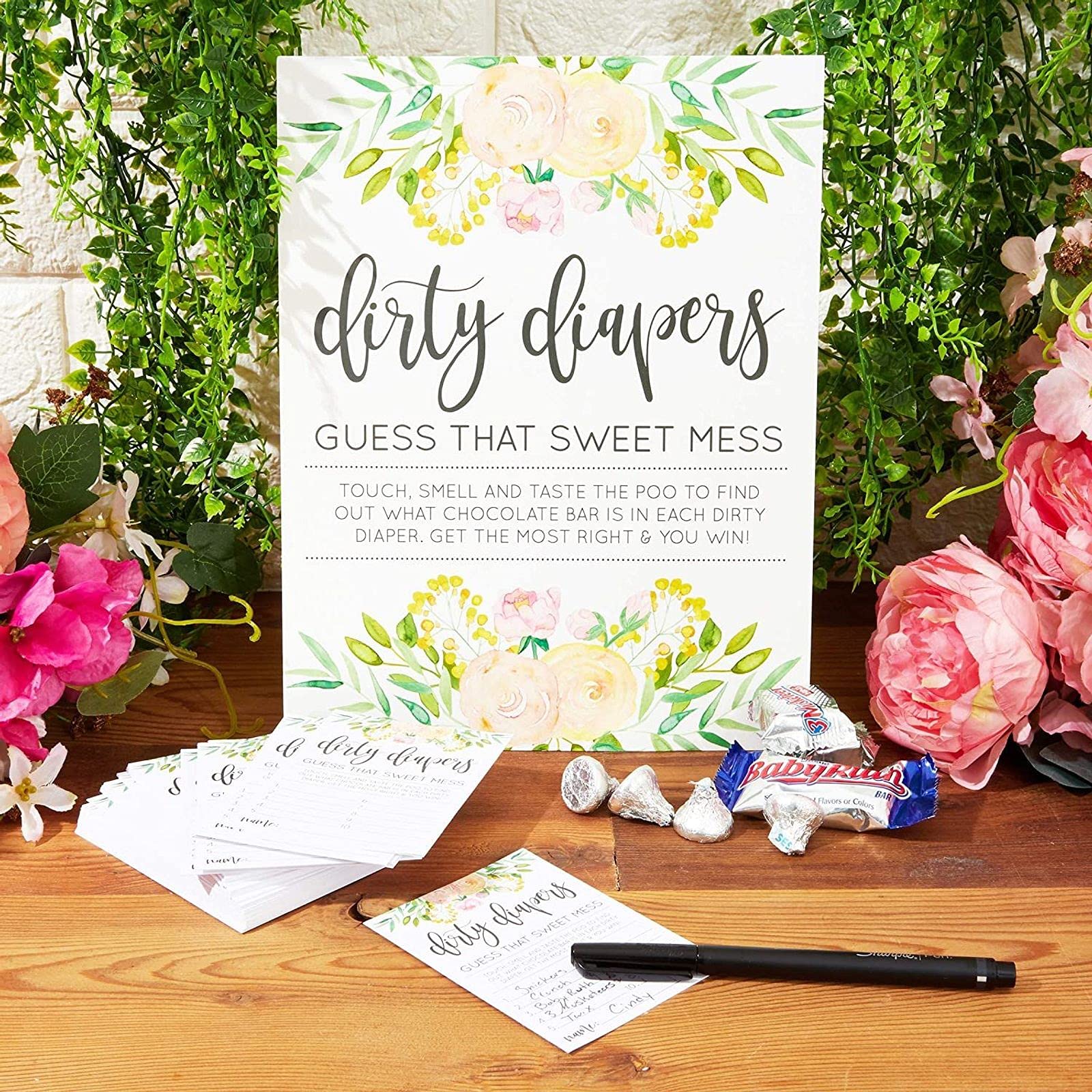 Dirty Diaper Game Baby Shower Fun, Easy Guessing Game Cards (Floral, 60 Pack)