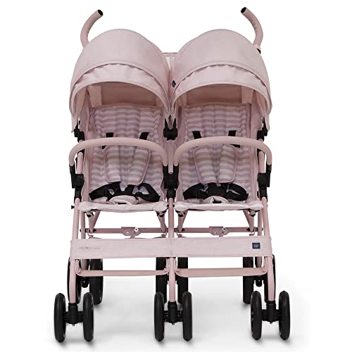 GAP babyGap Classic Side-by-Side Double Stroller - Lightweight Double Stroller with Recline, Extendable Sun Visors & Compact Fold - Made with Sustainable Materials, Pink Stripes