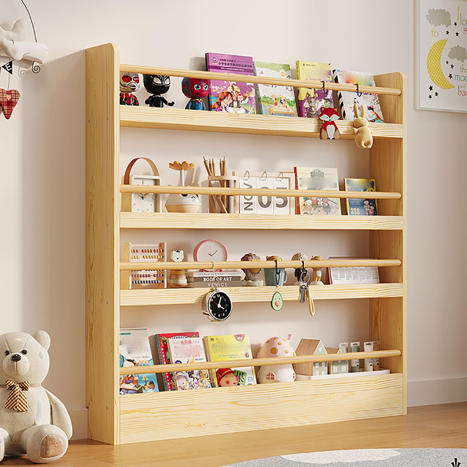 Kids Bookcase, Kids Bookshelf, Wall Bookshelf for Kids, Wall Mounted Bookshelf, 4-Tier Wooden Book Shelf Organizer for Books and Toys, Magazine Rack, Display Rack(Color:Wood color,Size:120cm/47.2")
