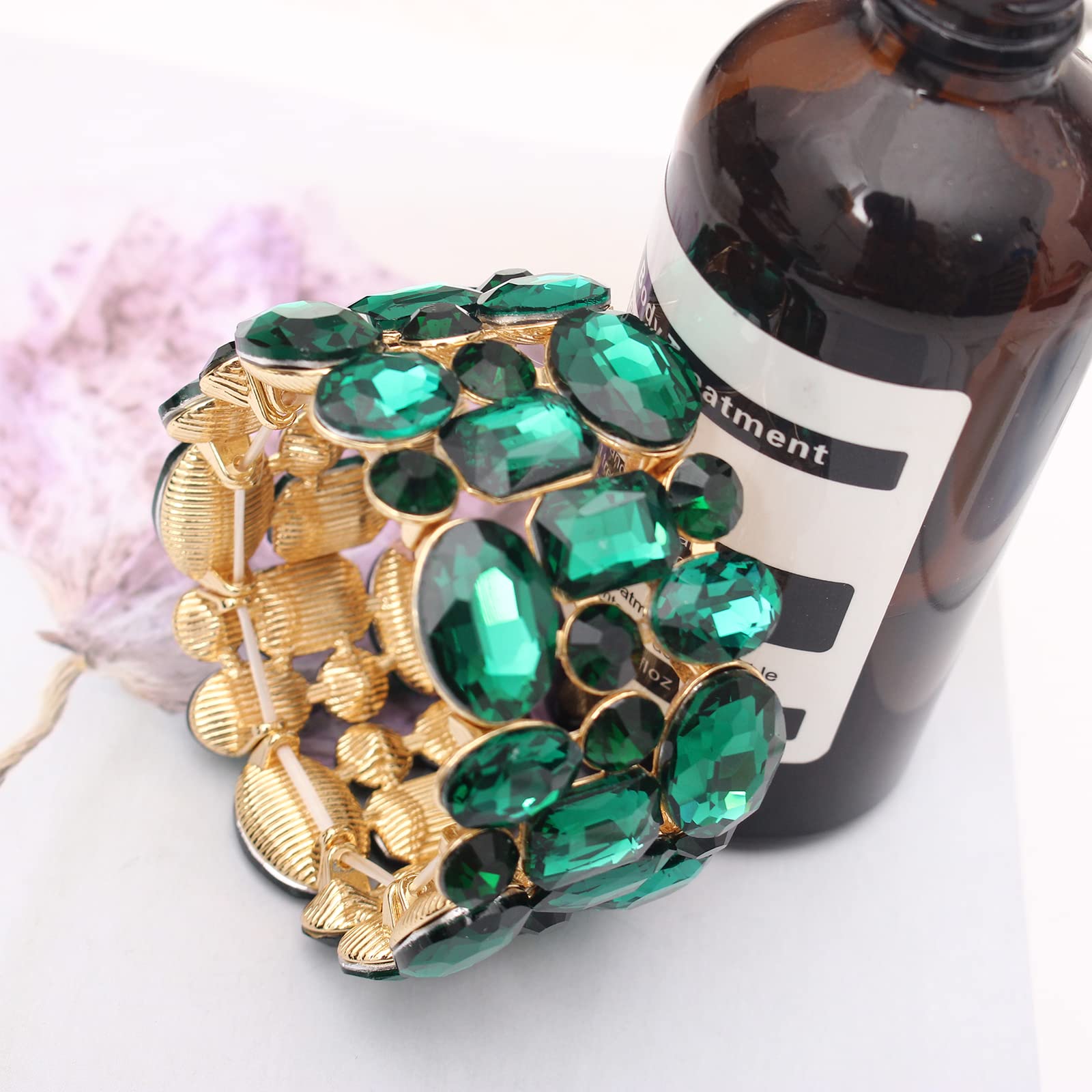 Enrwin Women’s Wedding Bridal Crystal Leaf Flower Stretch Bangle Elastic Wide Bracelet Jewelry for Brides Bridesmaid (Emerald-Gold Plated, Alloy)