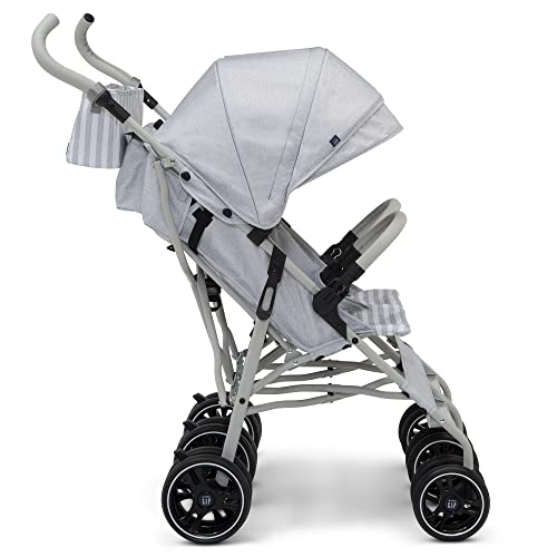 GAP babyGap Classic Side-by-Side Double Stroller - Lightweight Double Stroller with Recline, Extendable Sun Visors & Compact Fold - Made with Sustainable Materials, Grey Stripes