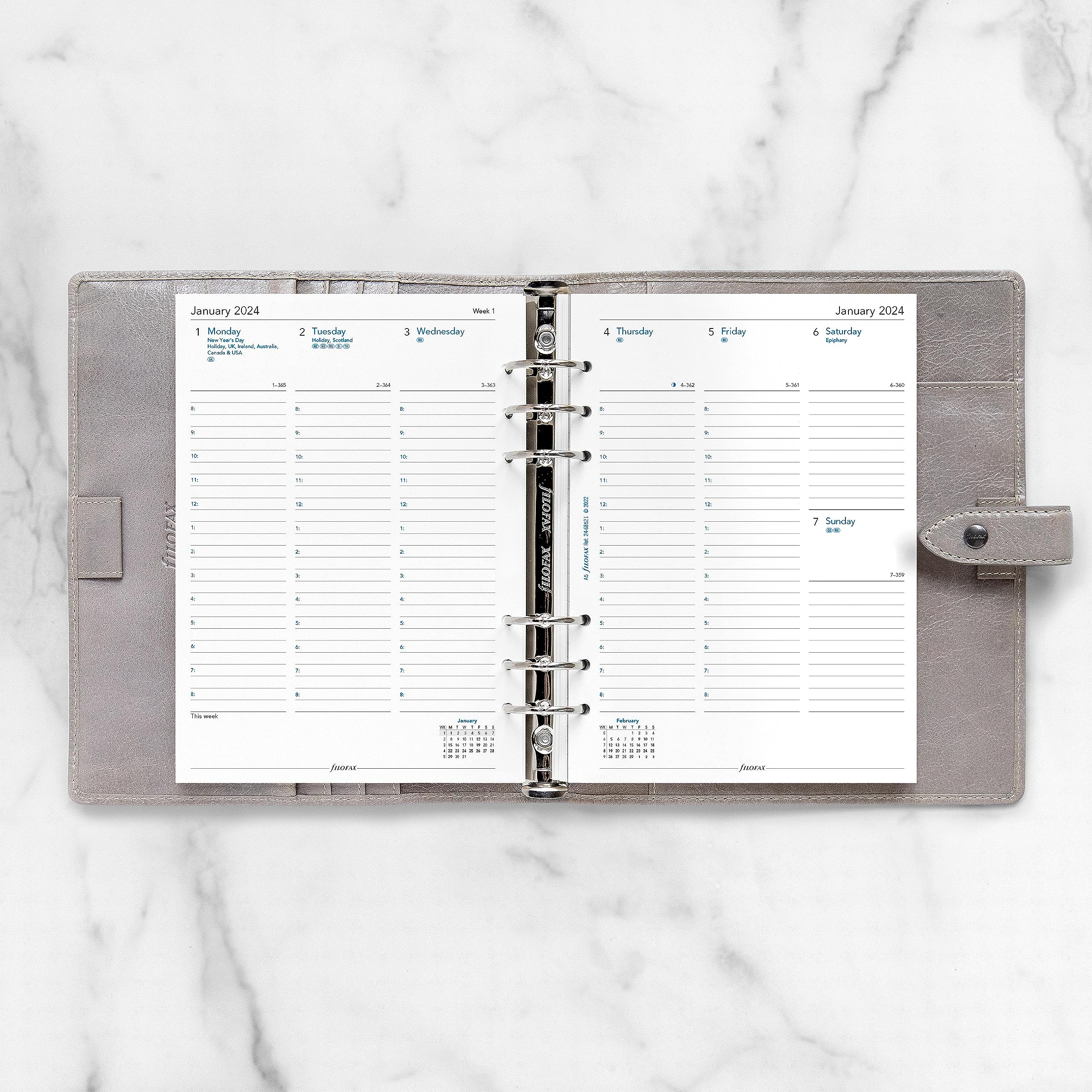 Filofax Calendar Diary Refill, A5 Size, Week-to-View with Appointments, Vertical, Multi-Fit, White Paper, English, 2024 (C68521M-24)