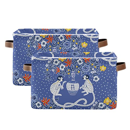 susiyo Foldable Storage Bins Chinoiserie Blue Vintage Monkey Fabric Storage Cubes Bin Baskets with Handles Decorative Baskets for Shelves Closet Clothes Toys Home 2 Packs