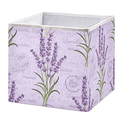 susiyo Vintage Purple Lavender Flowers Fabric Storage Bin Organizer 11 inch Collapsible Storage Cube for Shelf Closet