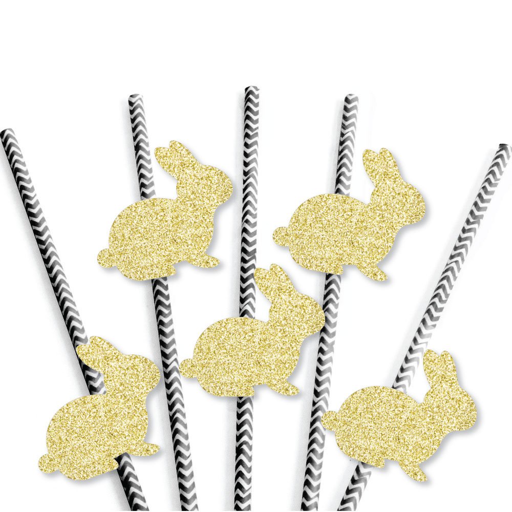Gold Glitter Bunnies Party Straws - No-Mess Real Gold Glitter Cut-Outs & Decorative Easter Paper Straws - Set of 24