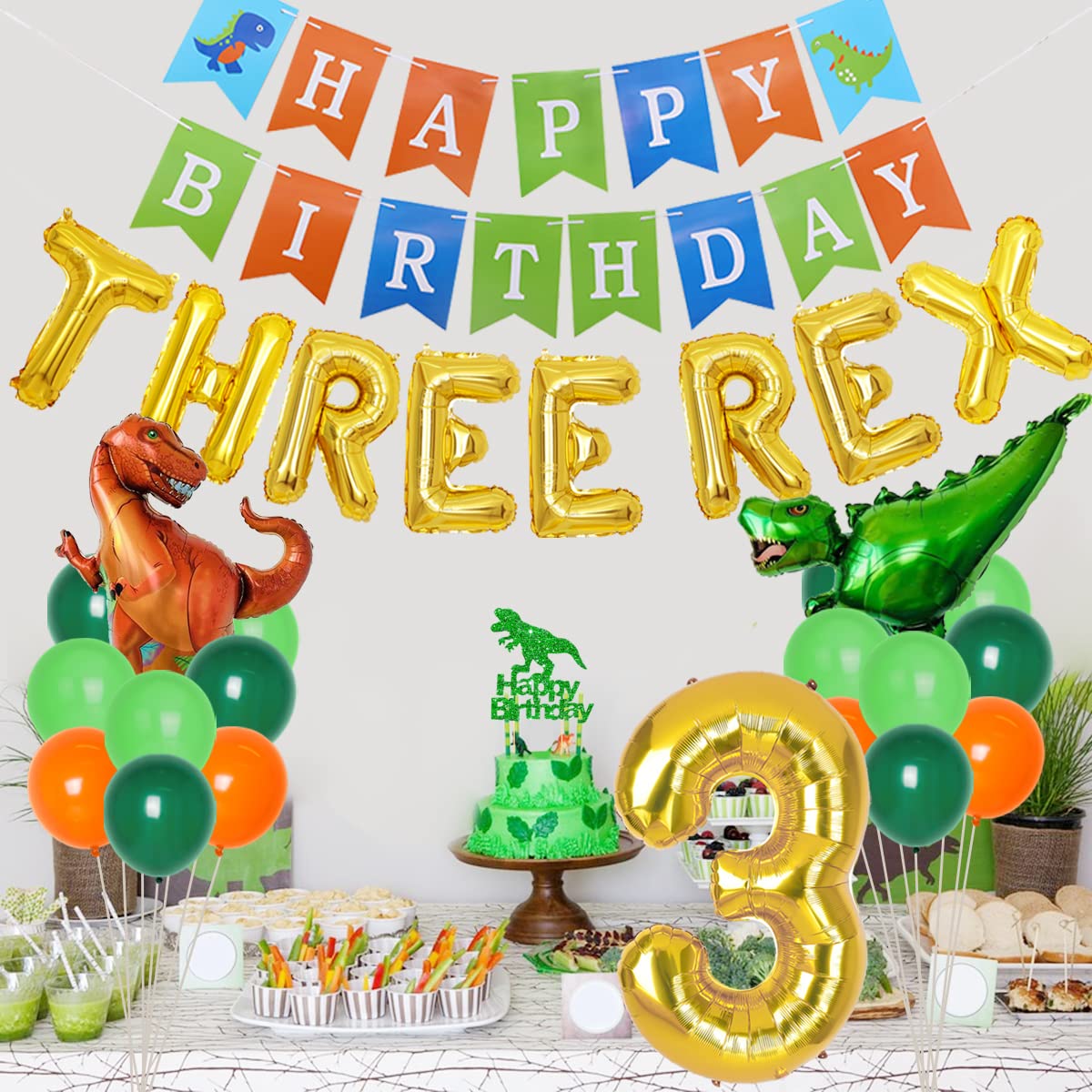 Dinosaur Birthday Decorations for Boy Three Rex Birthday Decorations Dinosaur Party Supplies 3 Year Old - Three Rex Balloons Dino Cake Topper Happy Birthday Banner