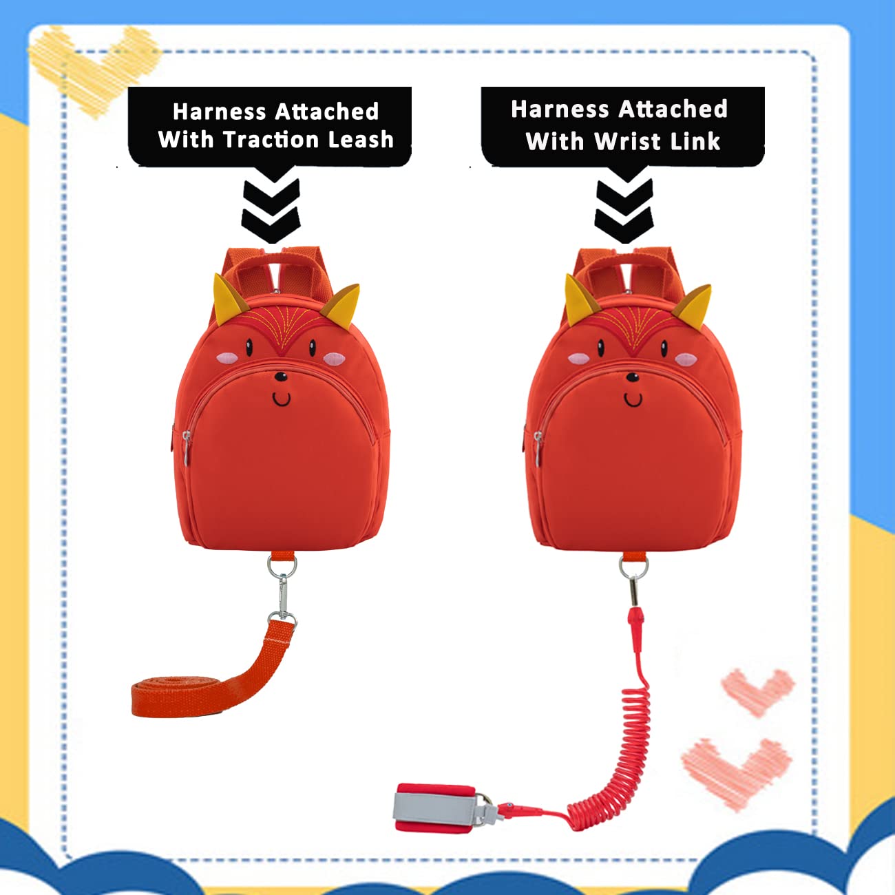 Kids Boys Girls Convertible Chest Bag Mini Backpack with Anti-Lost Leash Child Kids Wrist Link Wristband (Fox)