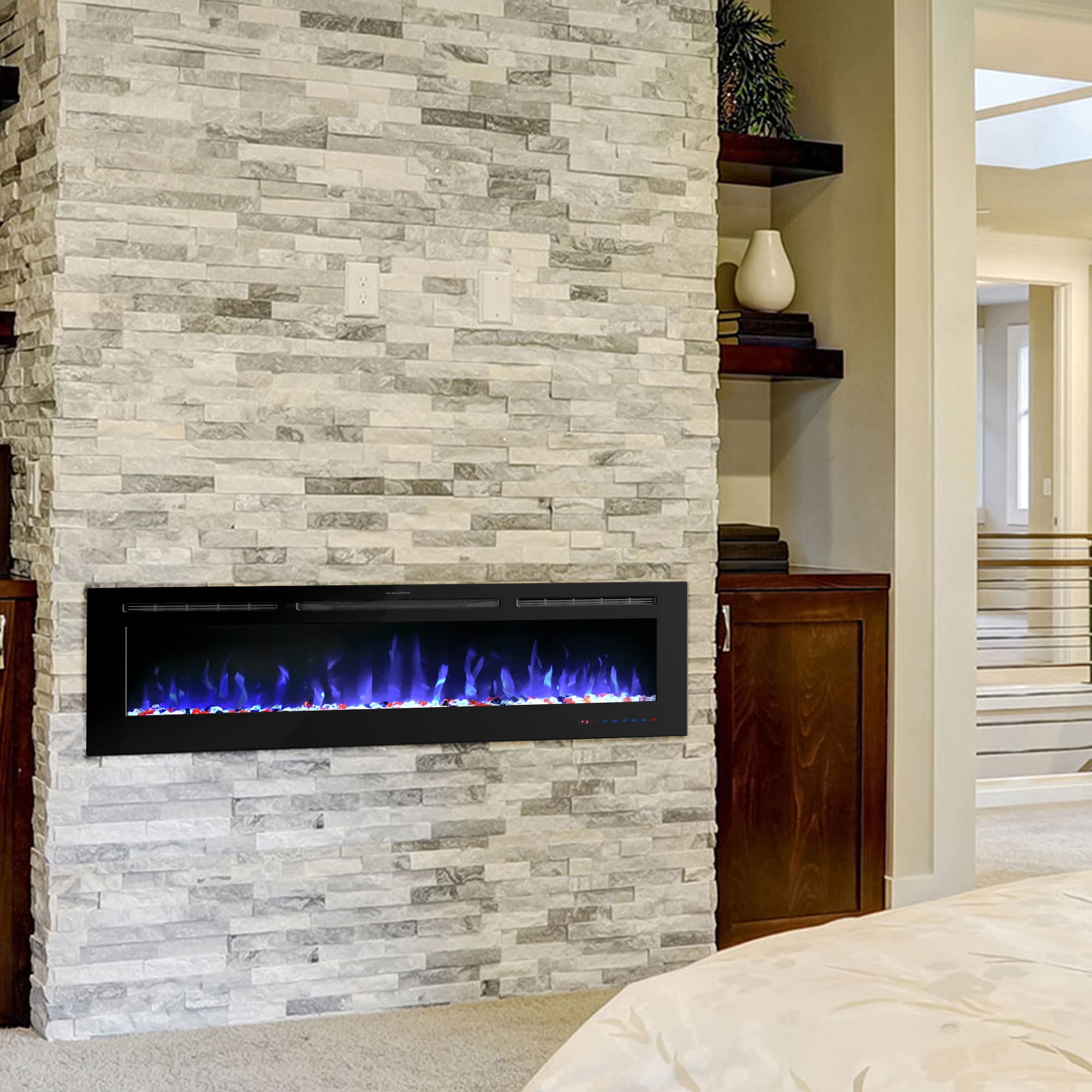Dreamflame 60 inch Electric Fireplace, in Wall Fireplace Electric Heater,Remote & Touch Screen,Logs/Crystal Options, Thermostat,Overheating Protection, 0-9H Timer