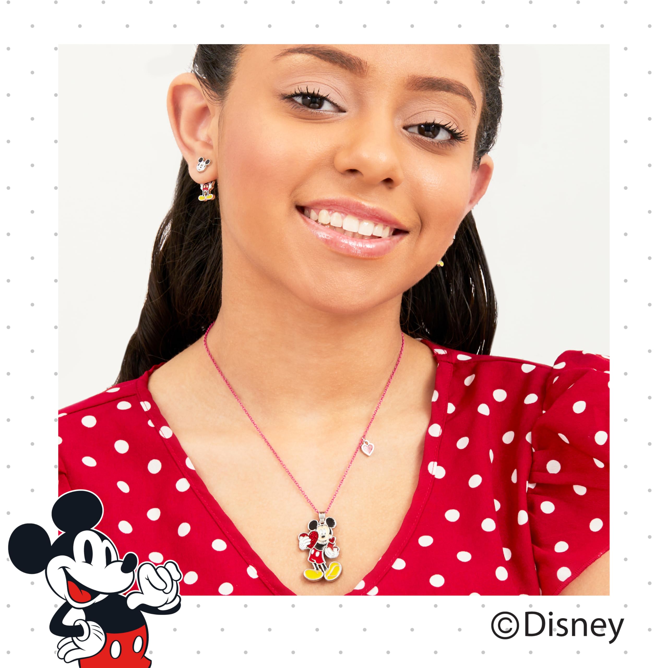 Disney Womens Mickey Mouse Necklace 16" + 2" - Red Chain Necklace with Red Heart Charm and Mickey Mouse Pendant - Mickey Mouse Gifts