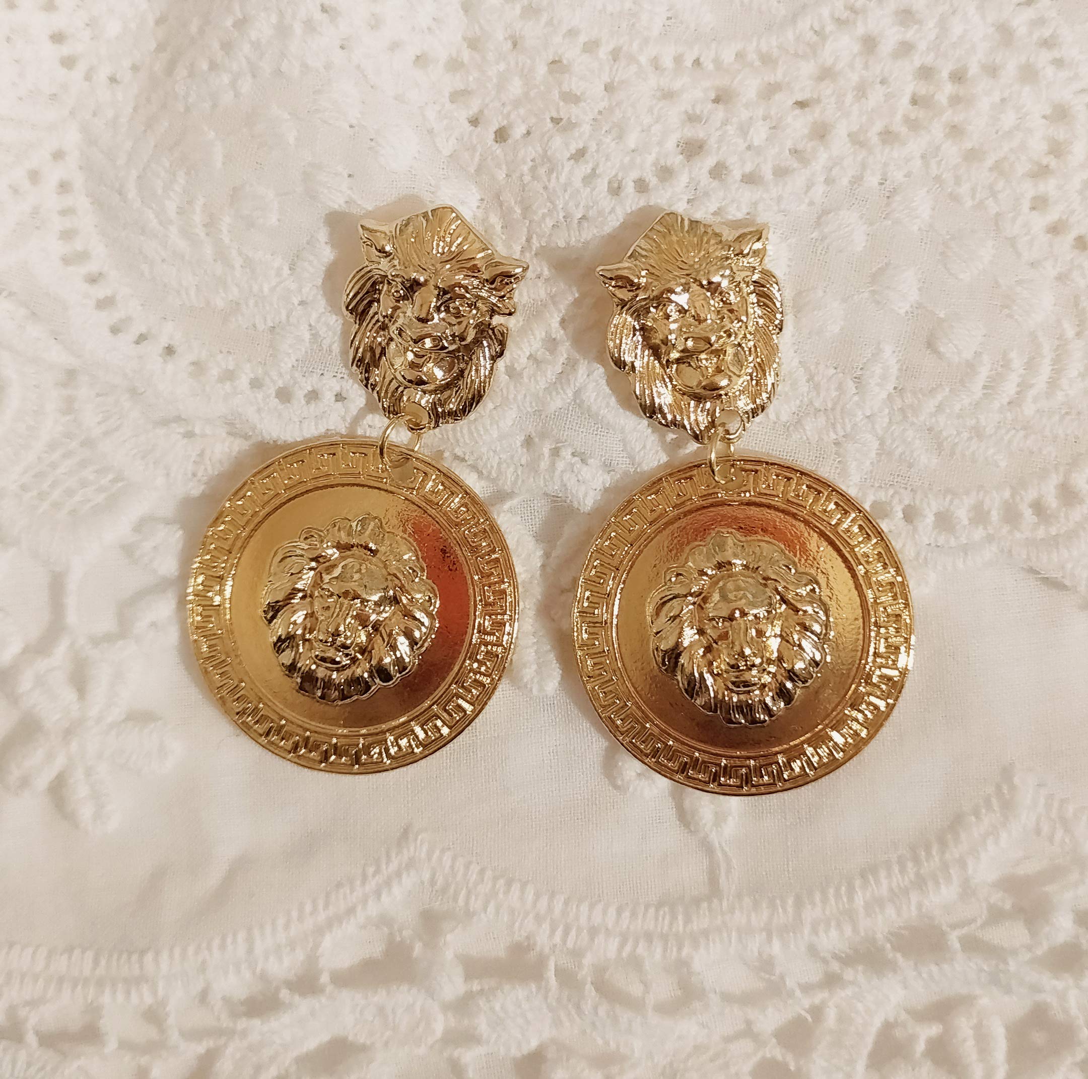 Doubnine Lion Head Earrings Big Coin Gold Circle Dangle Baroque Animal Earrings Vintage 80's Women Accessories Gift