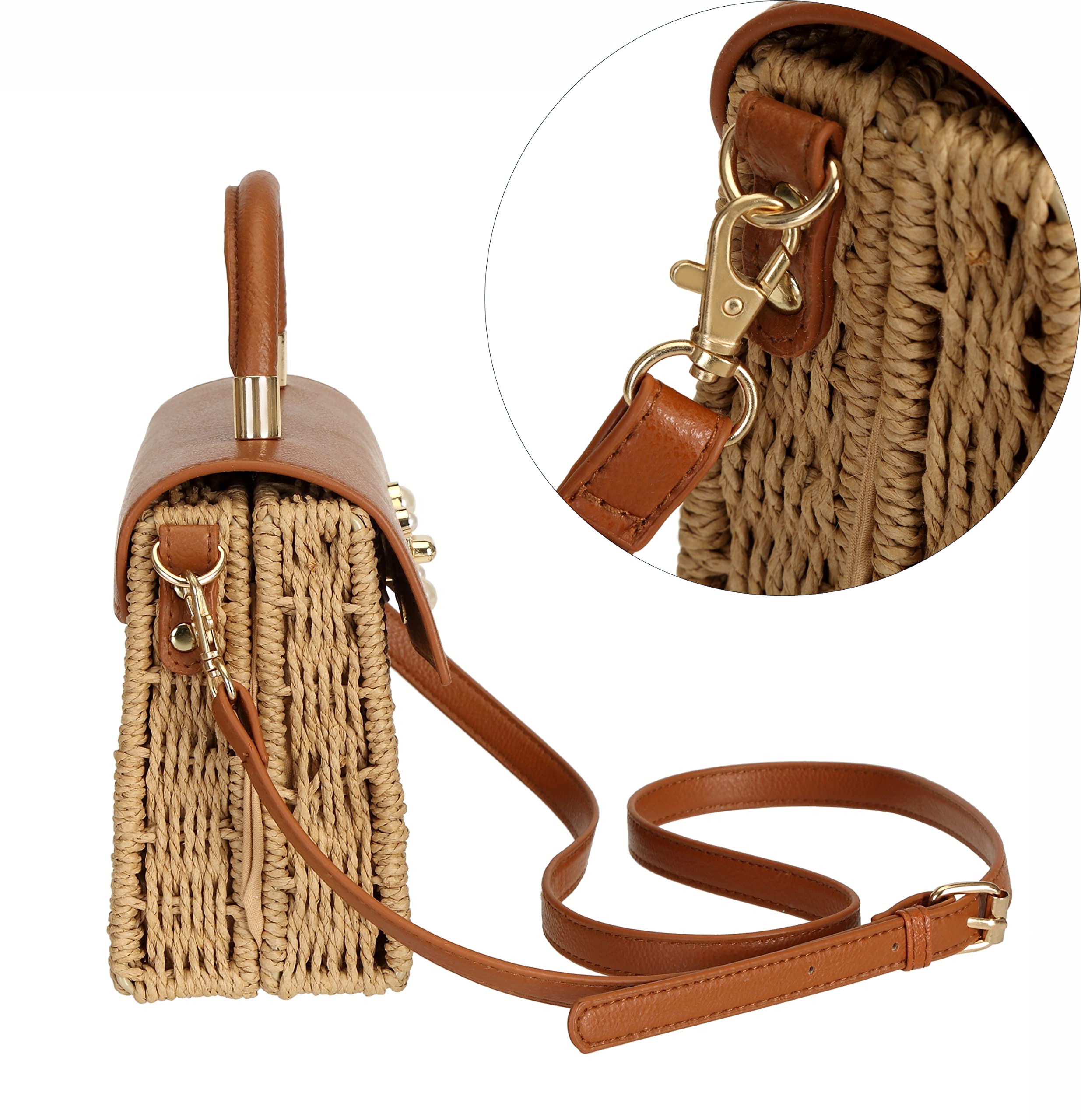 FUSMIC Women's Handbag Straw Handmade Decorative Buckle Square Rattan Weave Shoulder Bag Khaki