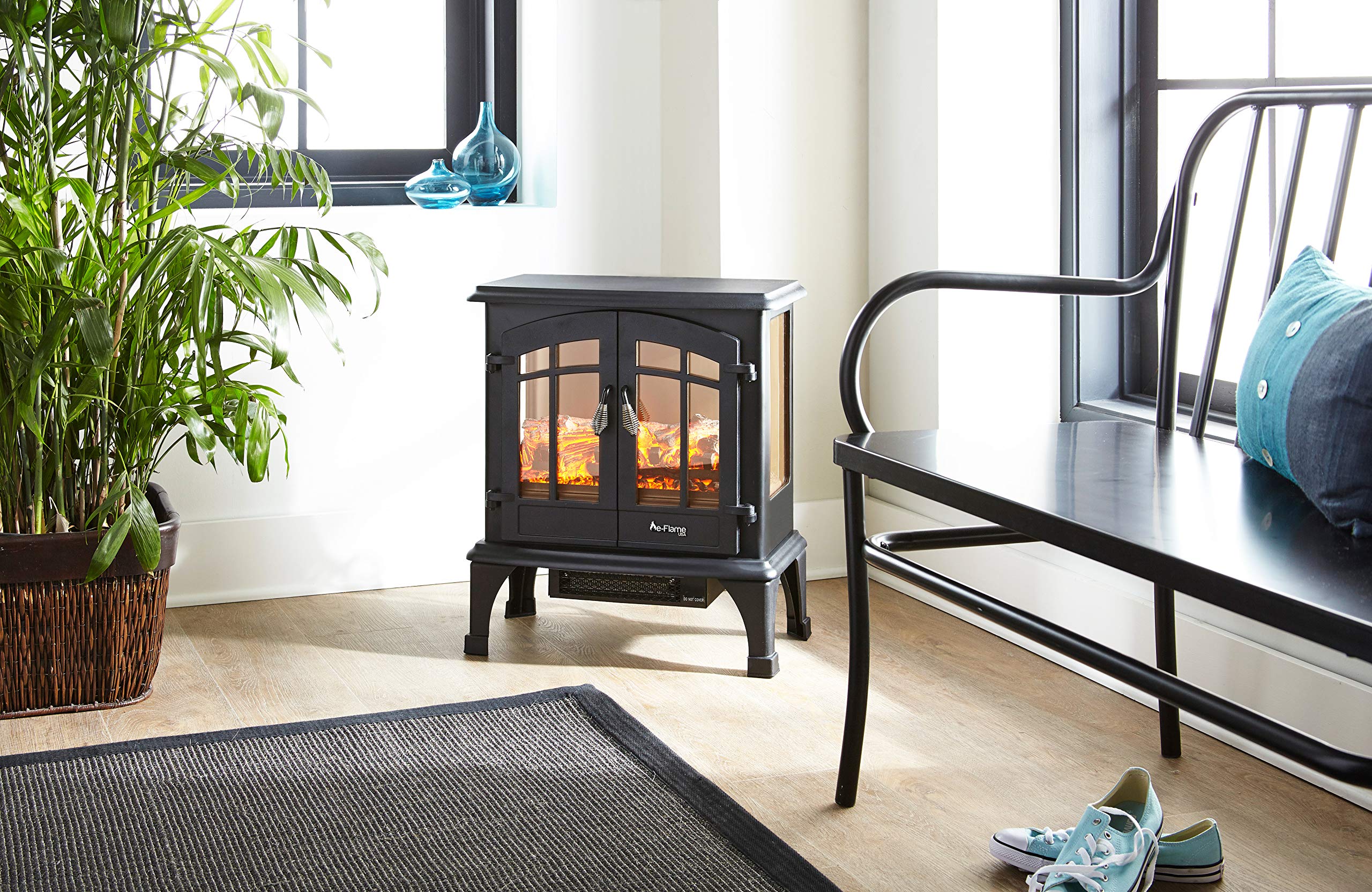 e-Flame USA Jasper Freestanding Electric Fireplace Stove Heater - Realistic 3-D Log and Fire Effect (Black)