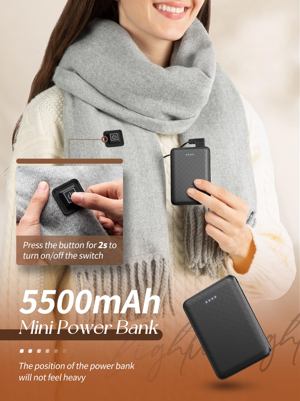 Eventek Heated Scarf for Men/Women with 5500mAh Battery, 3 Temperature Settings Battery Operated Heater for Winter