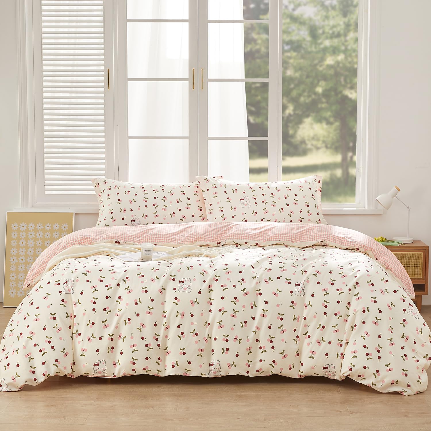 SAPHREAS Home Cute Pink Cherry Duvet Cover Cotton Girls Bedding Set Kawaii Rabbit Pattern Bedding Comforter Cover Kids Teens Cute Bed Set 3pcs 1 White Duvet Cover 2 Pillowshams Queen Size