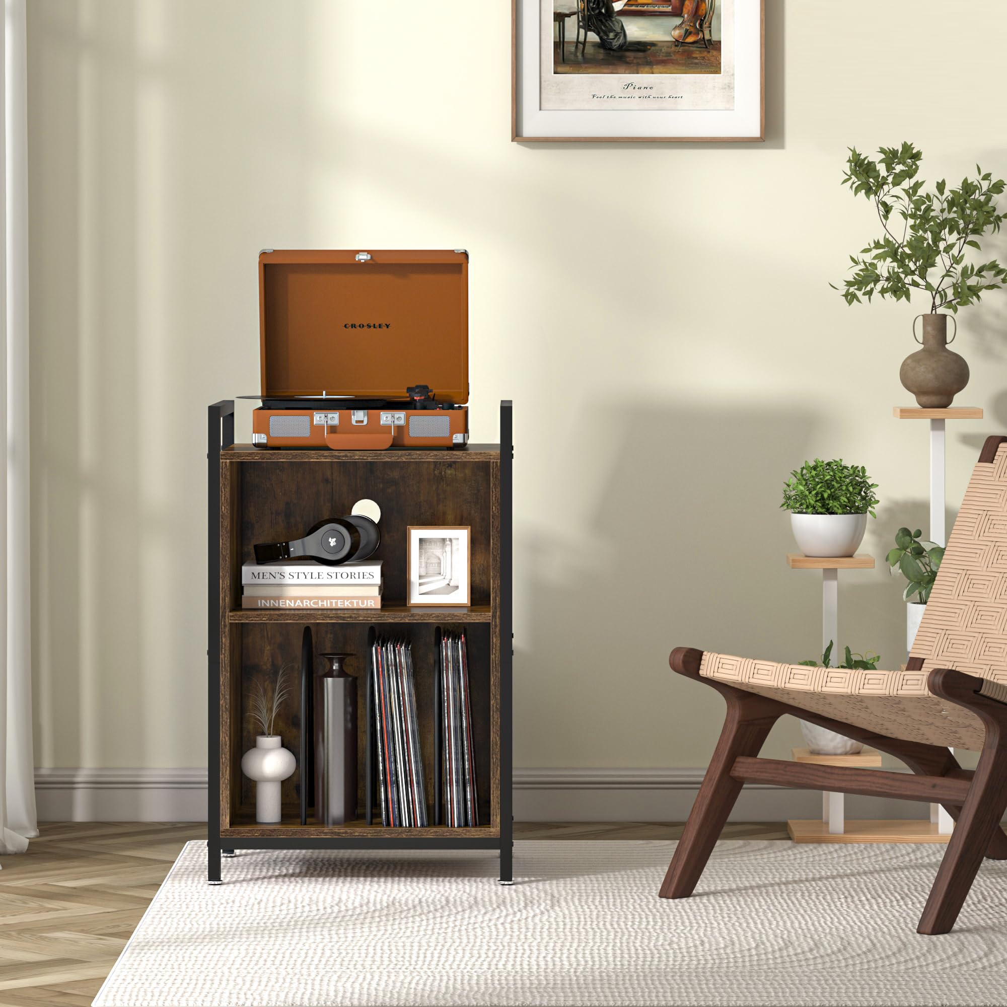 Entrintou Record Player Stand, Mid Century Turntable Stand, 3-Shelf Vinyl Record Holder with Vinyl Record Storage, Rustic Brown Record Player Table Cabinet with Handle for Living Room, Bedroom, Office