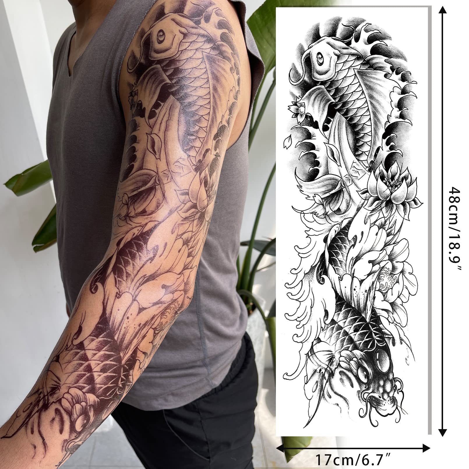 CUTELIILI Full arm temporary tattoo for Men,12sheets (L19“xW7”) Sleeve Tattoos temporary, Fake Tattoos That Look Real and Last long,Tiger Dragon Koi Evil Eyes