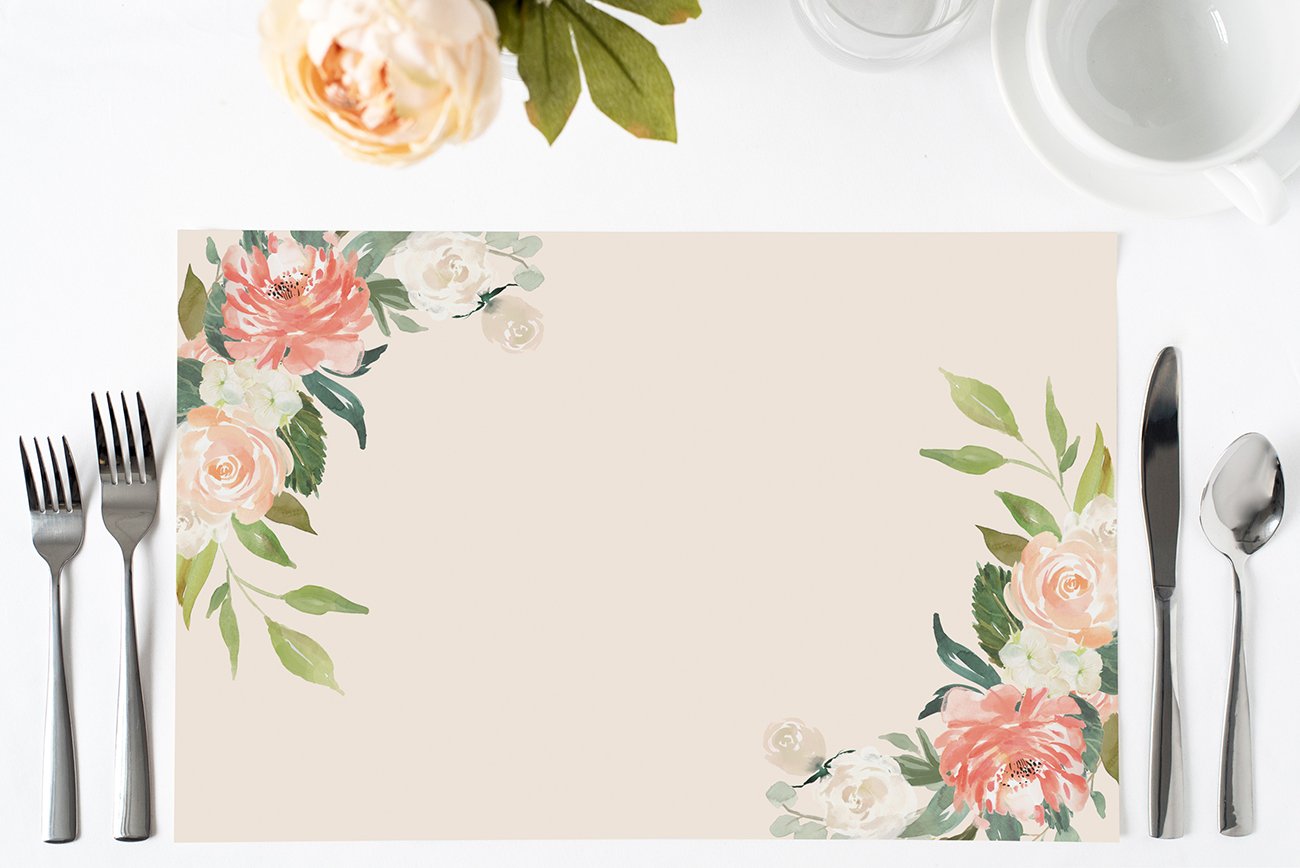 DB Party Studio Paper Placemats 25 Pack Disposable Place Mats Graduation Woman's Birthday Parties Wedding Reception Lovely Flower Blooms Easy Cleanup Brunch Dinner Tableware Guest Seating 17" x 11"