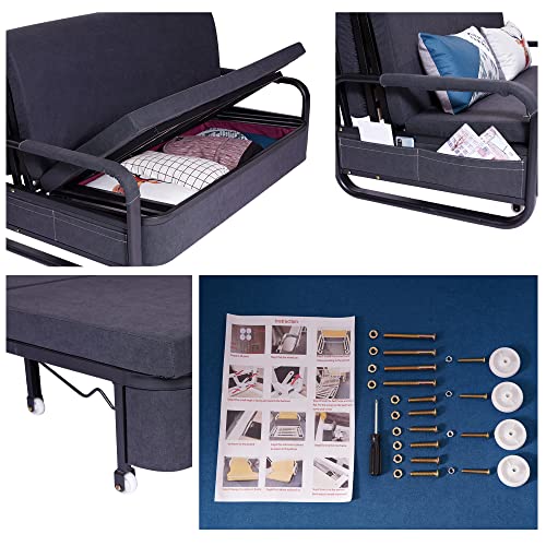 PIAQIA Convertible Pull Out Couch Sleeper with 1” Natural Latex Mattress, Folding Futon Sofa Bed with Storage, Suitable for Apartment, Dorm, Guest Room, Office, Light Gray, 59" Width