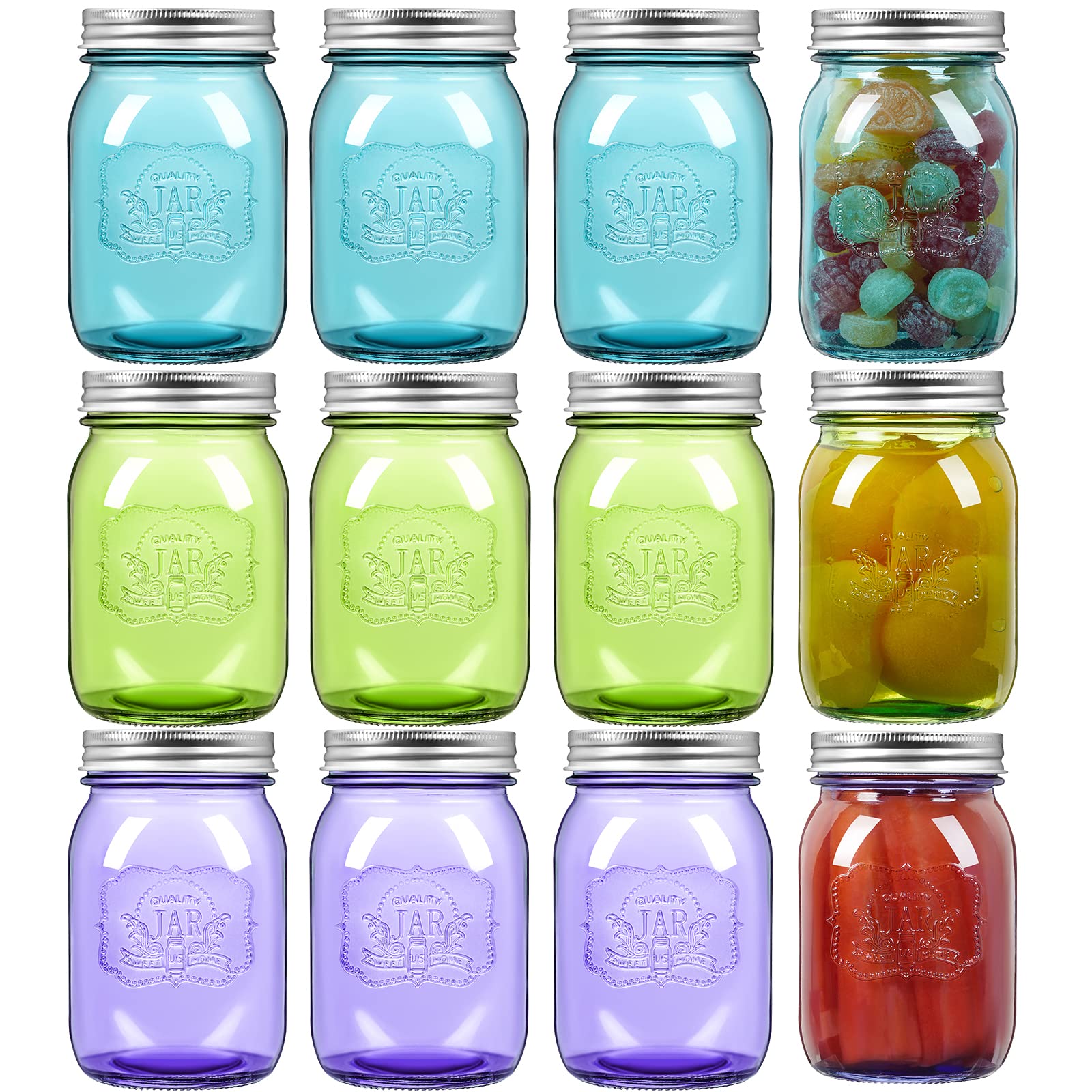 GoldArea Glass food storage Jars, Regular Mouth Mason Jars with Airtight Lids, Canning Jars, DIY Crafts & Decor, Colored Food Storage Containers for Coffee, Spice, Tea (Three colors with 12 pieces)