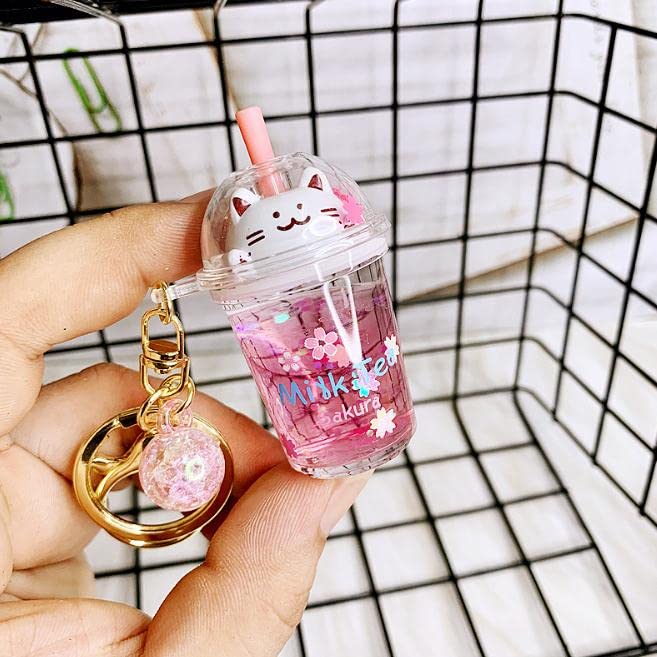 Ergugos Cute Cat Milk Tea Keychain Simulation Bubble Milk Tea Key Chain Kawaii Transparent Liquid Keyring Car Key/Bag/Key Pendants Accessories DIY Jewelry Craft