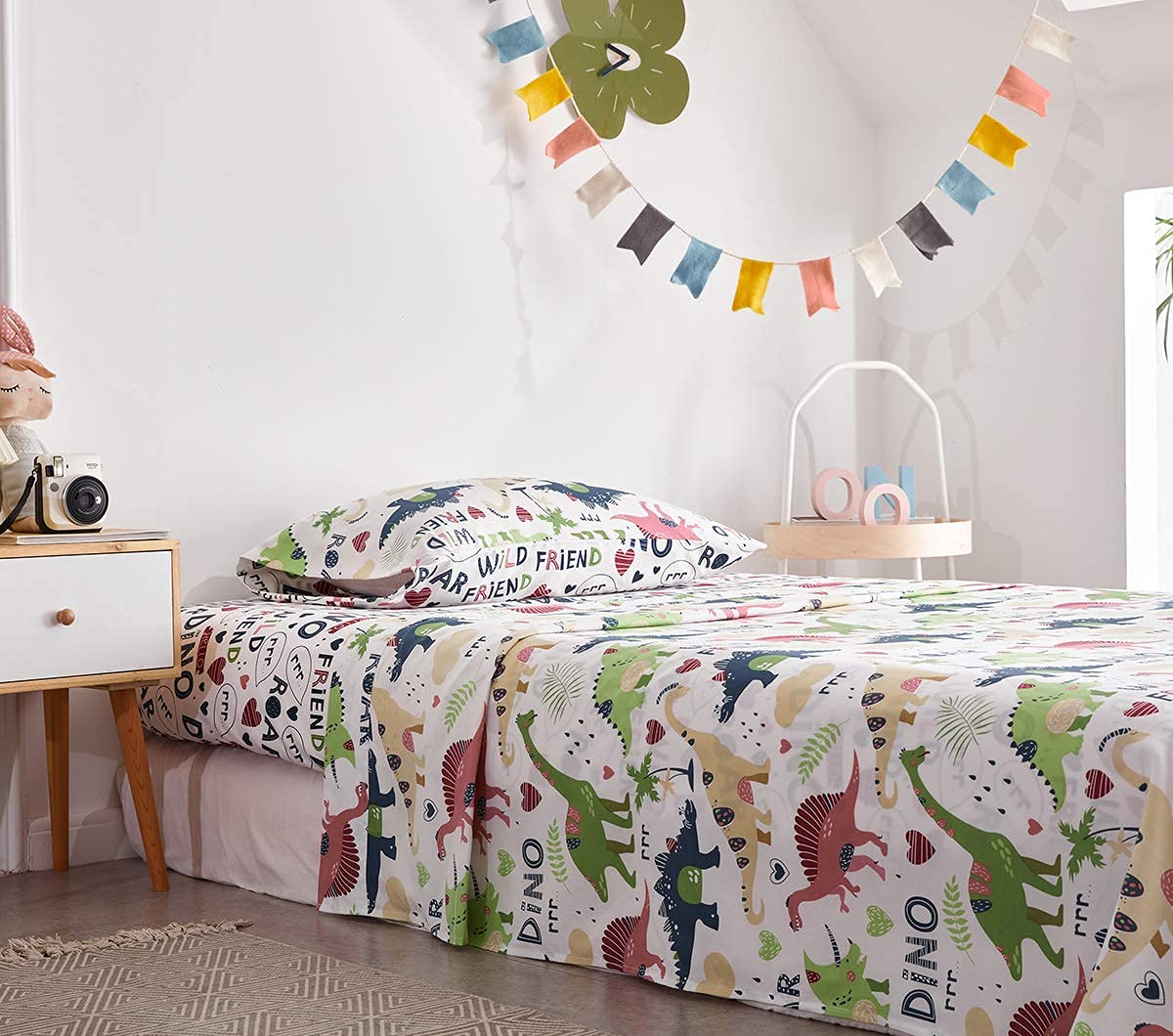 Dinosaur Full/Queen Sheet Set for Kids Boys Teens Cute 4 Pieces White Microfiber Bedding Set with Green Red Yellow Blue Dinosaur Colorful Monster Style
