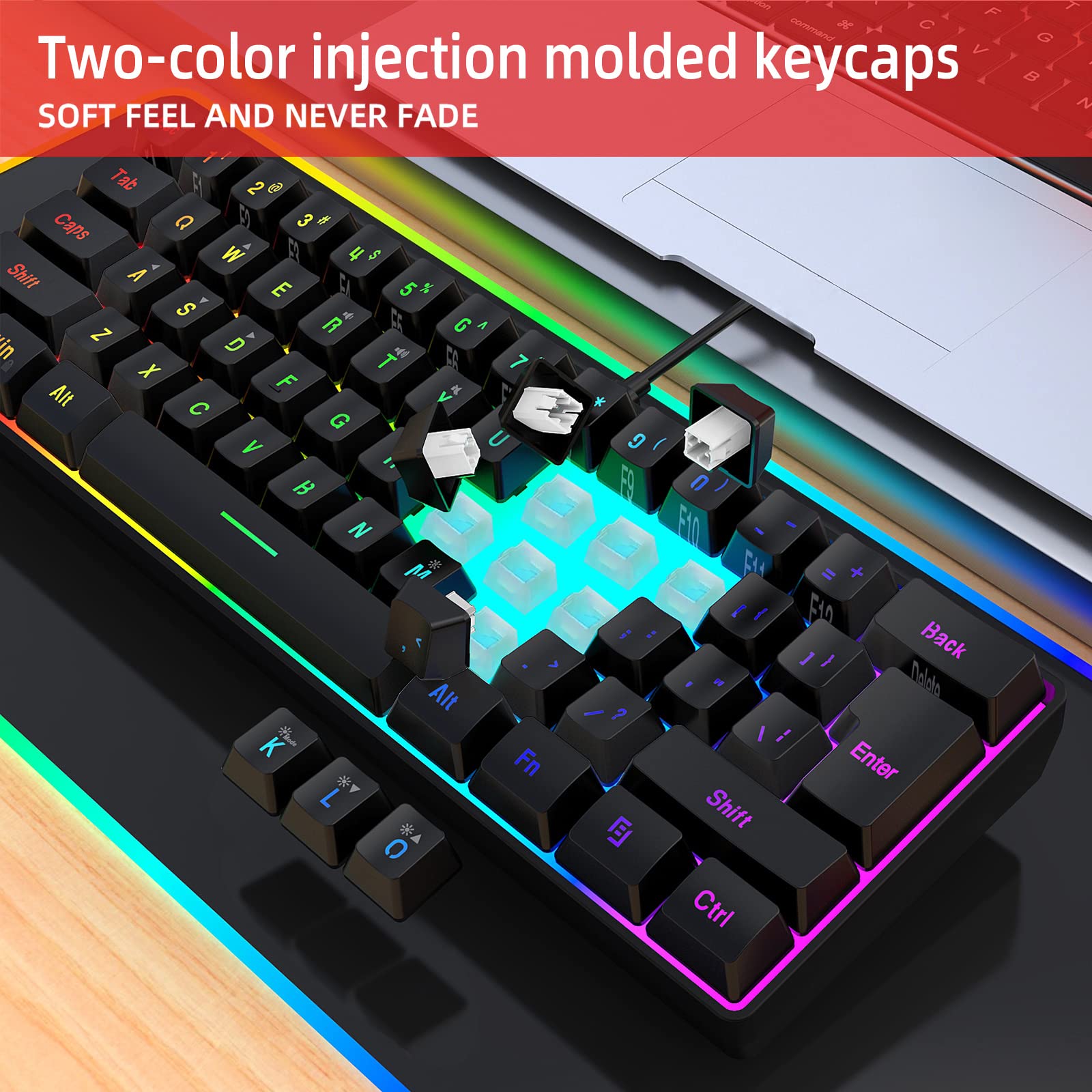 DGG K60 61 Keys RGB Backlit 60% Wired Gaming Keyboard, Ergonomic Waterproof Mini Compact 60 Percent Mechanical Feeling Keyboard, for PC Mac PS4 Xbox Gamer, Typist, Travel