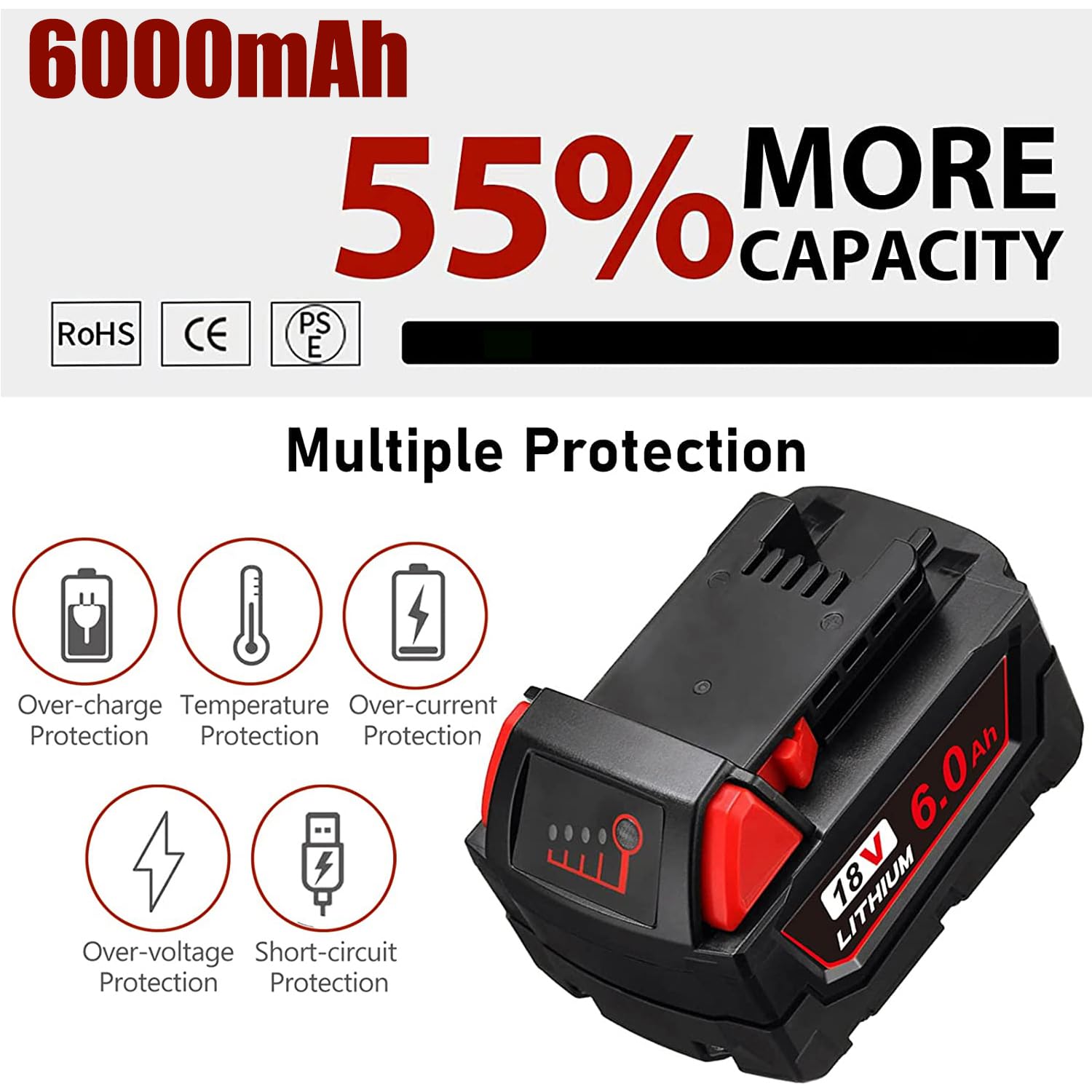 liangjia 2Packs 6.0Ah 18V Lithium-ion Replacement for Milwaukee M -18 Battery Compatible with Milwaukee 18V Tools