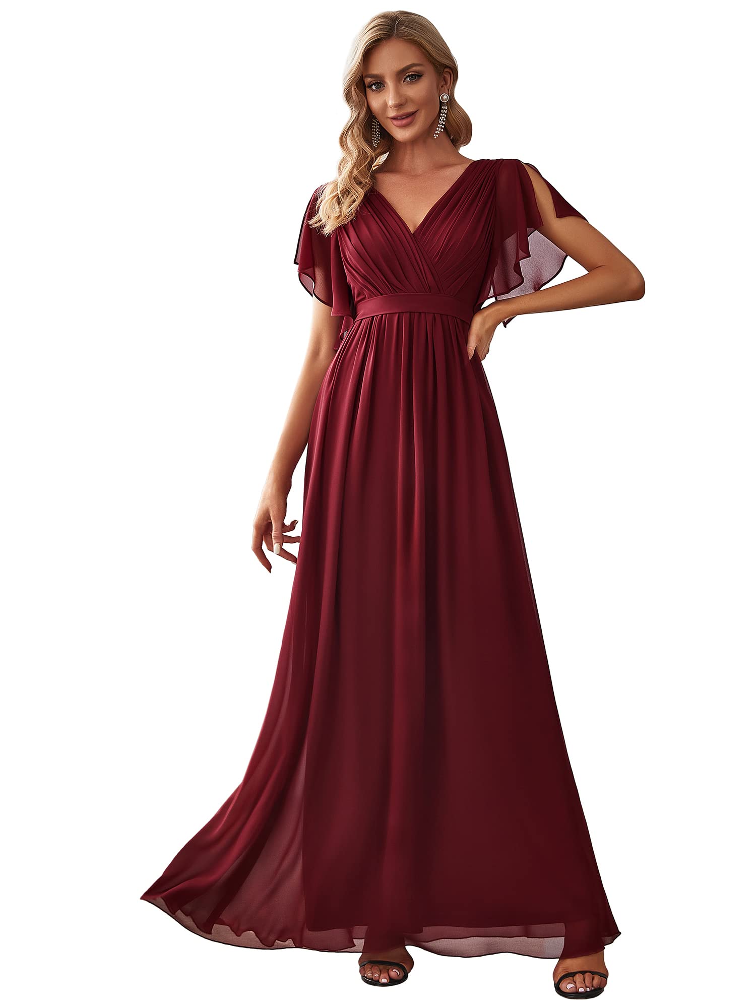 Ever-Pretty Women's Bridesmaid Dress V-Neck Ruffle Sleeves Ruched Bust Floor Length Chiffon Formal Dresses Burgundy US16