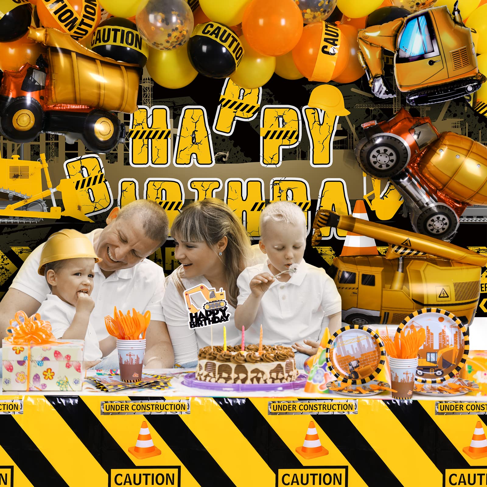 CUTEUP Construction Birthday Party Supplier - 259PCS Dump Truck Party Decorations Kits Set with Balloons, Tablecloth, Backdrop, Cake Toppers, Construction Theme Tableware Set for Kids - 16 Guest