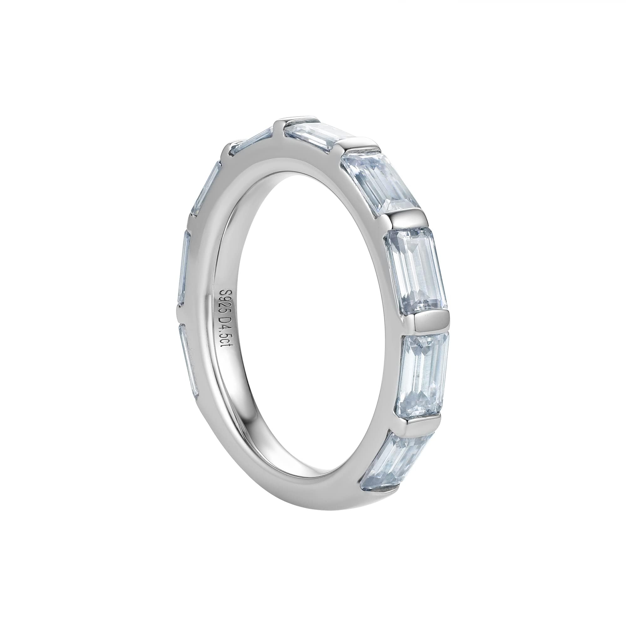 DovEggs Baguette Emerald Cut 4.5CTW Total 3X5mm Light Blue Moissanite Lab Grown Diamond Half Eternity Moissanite Wedding Band 14k Gold QUALITY Silver Engagement Ring Band Width 2.7mm (8)