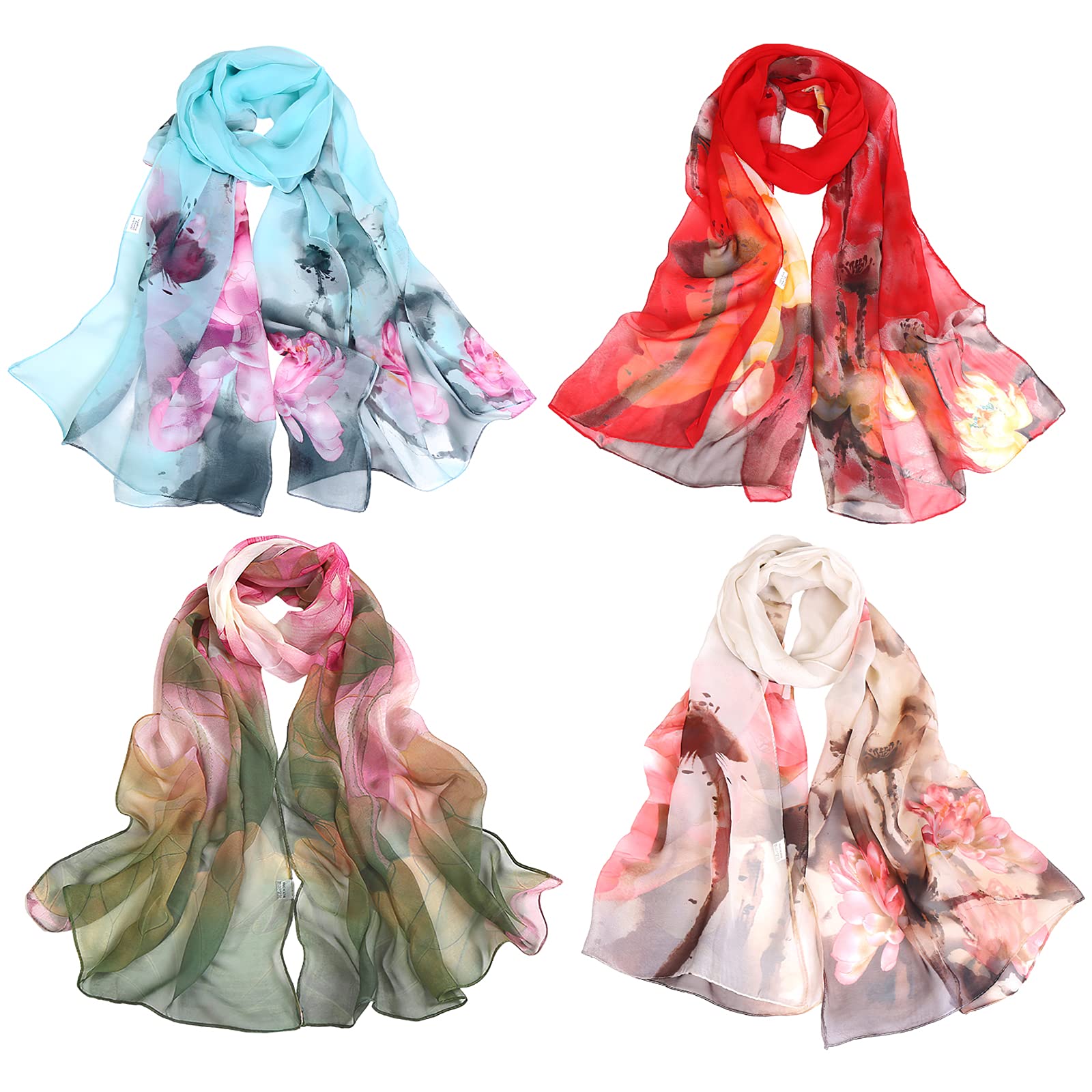 db11 Pack of 4 Chiffon Floral Scarf for Women Fashion Shawls Wraps Lightweight Large Neck Scarves (Color2)